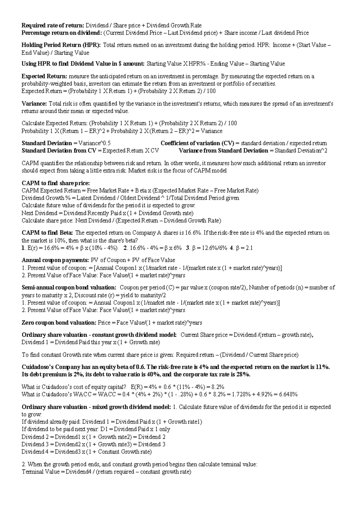 Final Notes on Required Rate of Return and Investment Valuation ...