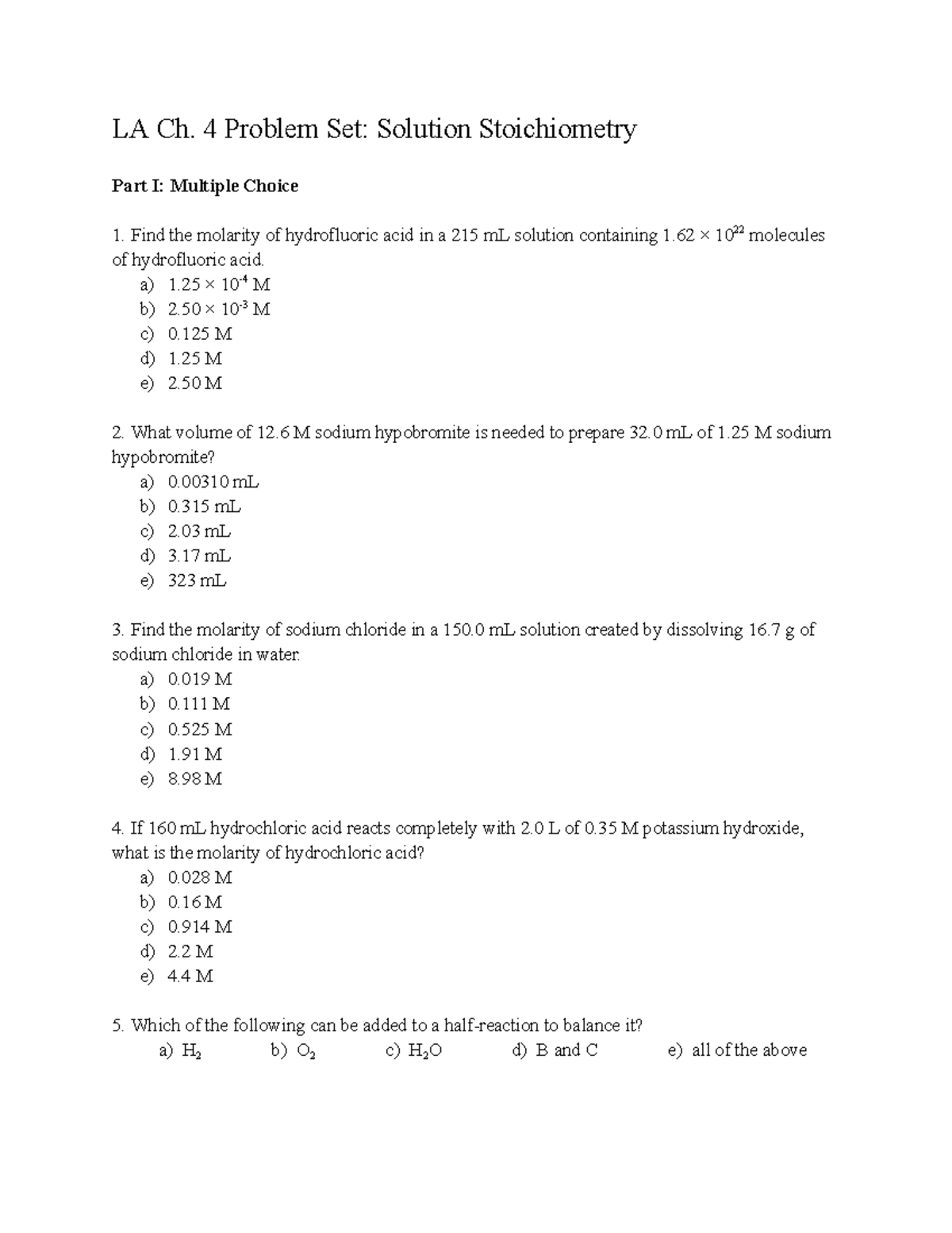 2A Ch. 4 - Solution Stoichiometry Problem Set: Multiple Choice & Short ...