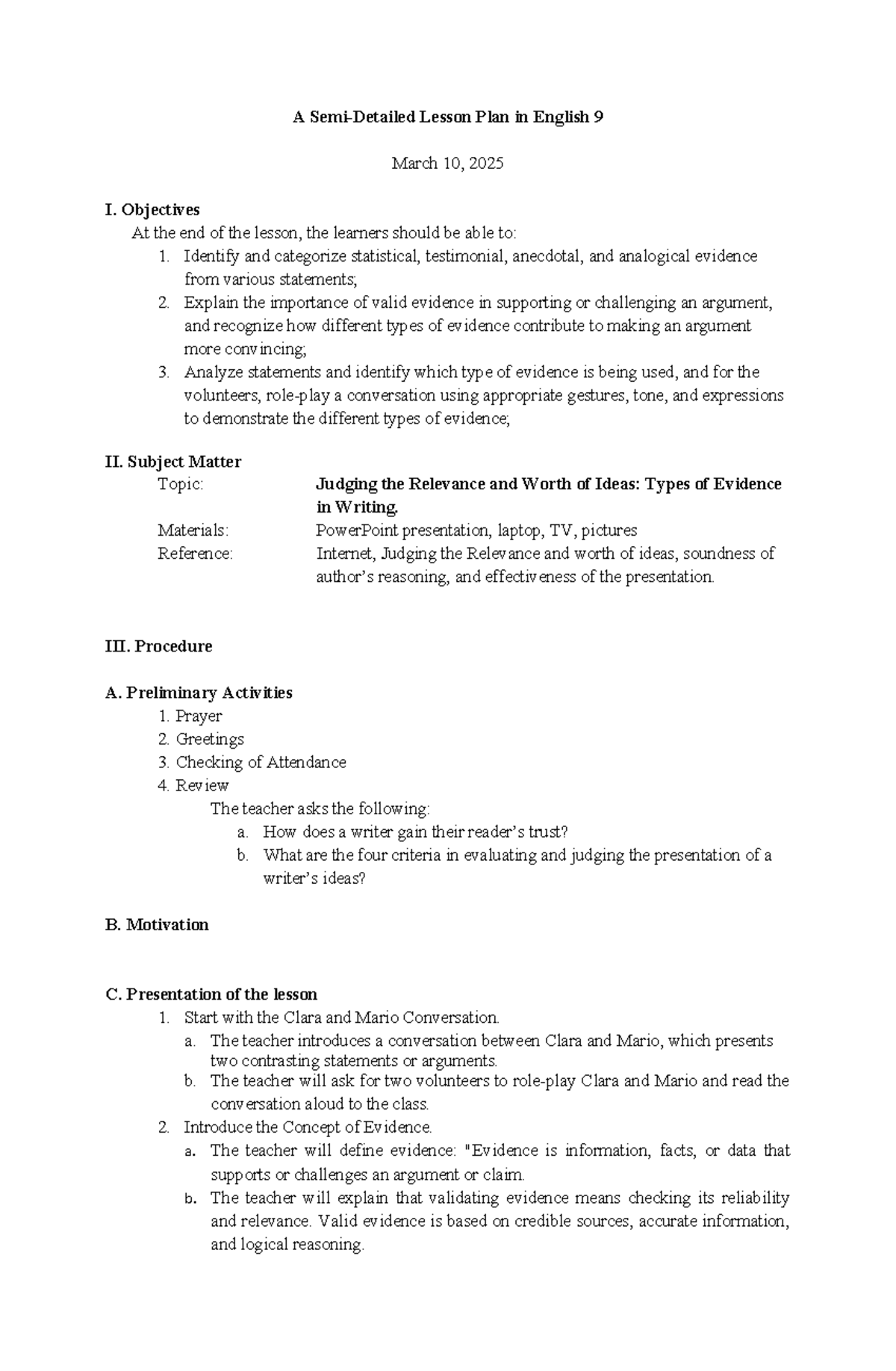 SEMI Detailed Lesson Plan: Types of Evidence in English 9 - Studocu