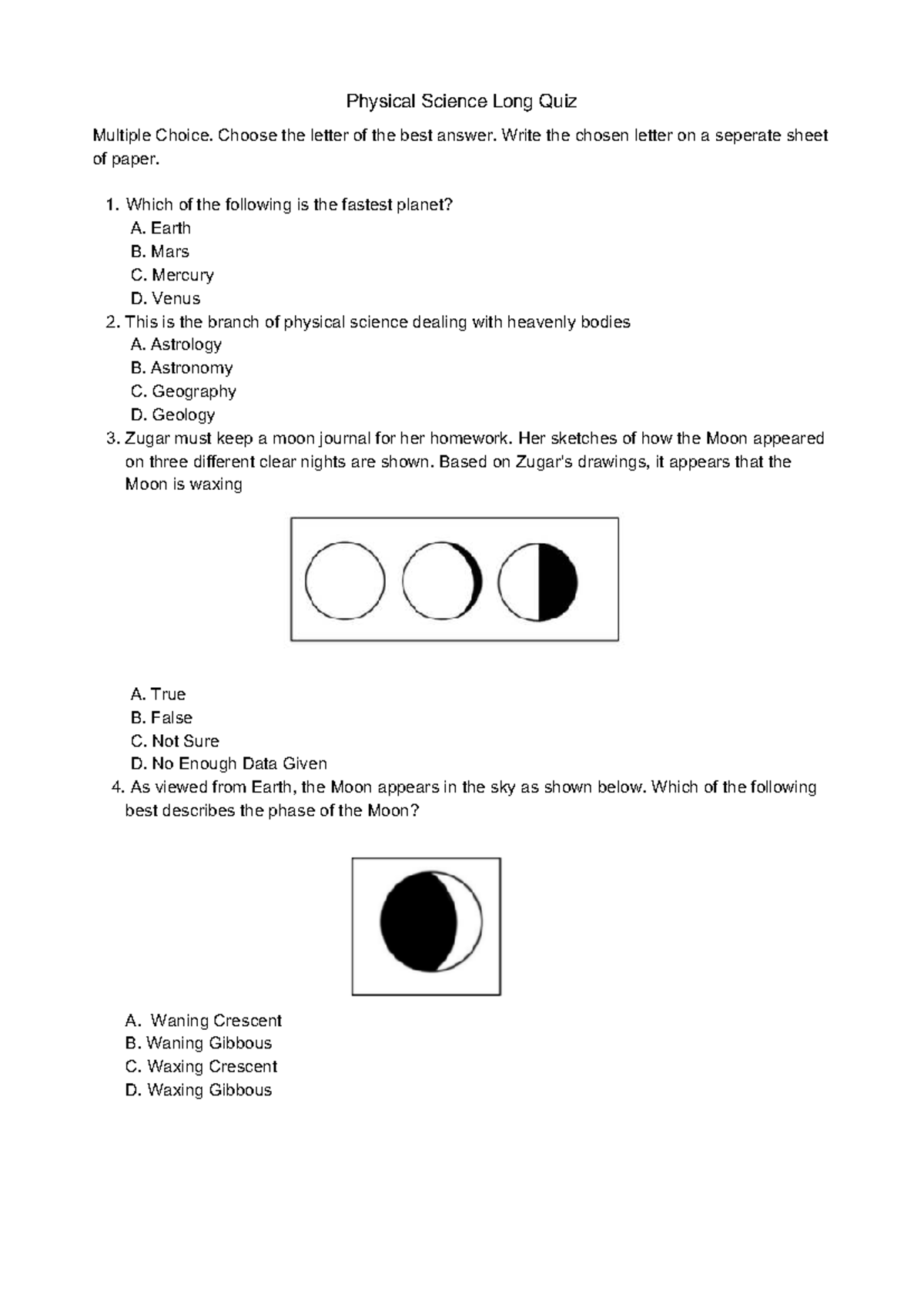 Physical Science (PS101) Long Quiz: Multiple Choice Questions - Studocu