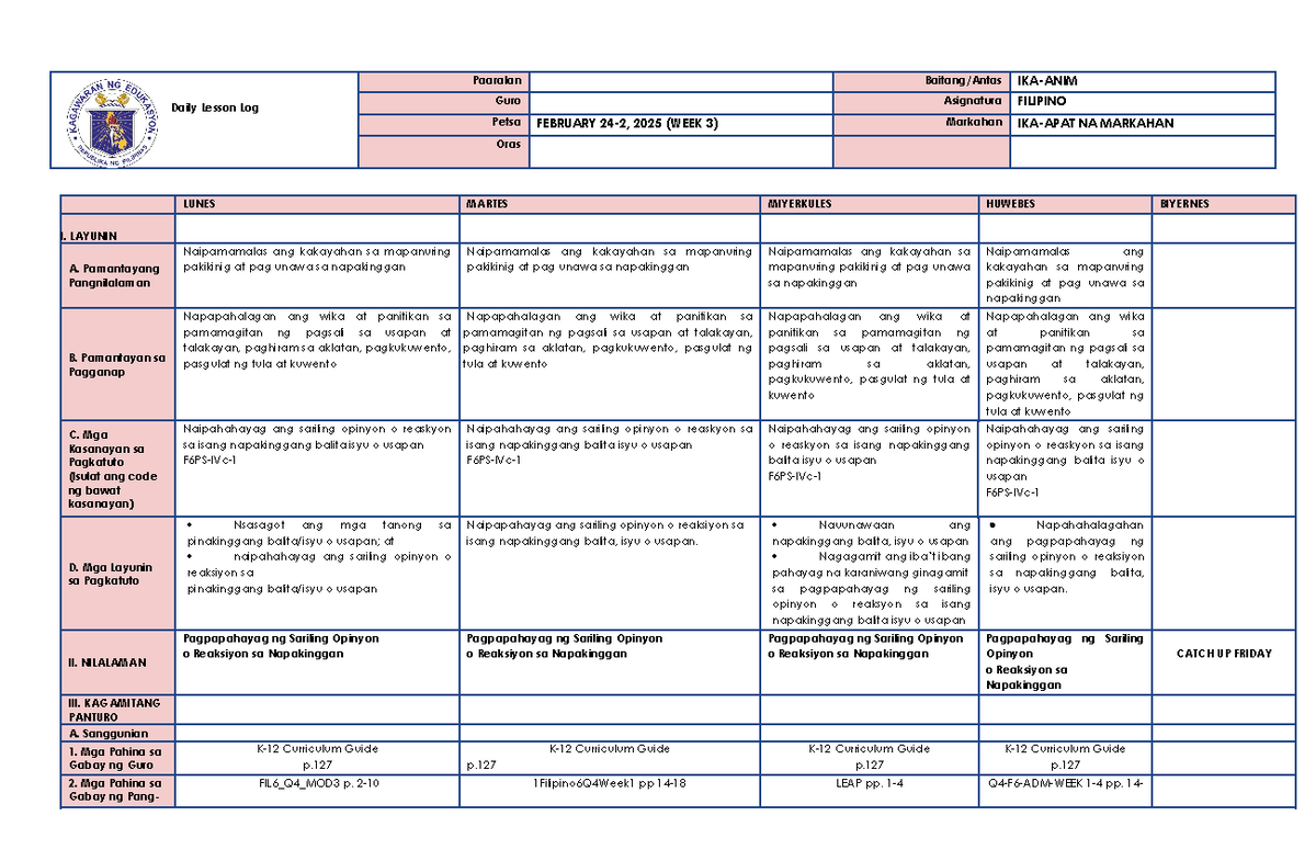 DLL Filipino 6 Q4 W3 - daily lesson log - Daily Lesson Log Paaralan Baitang/Antas IKA-ANIM Guro ...