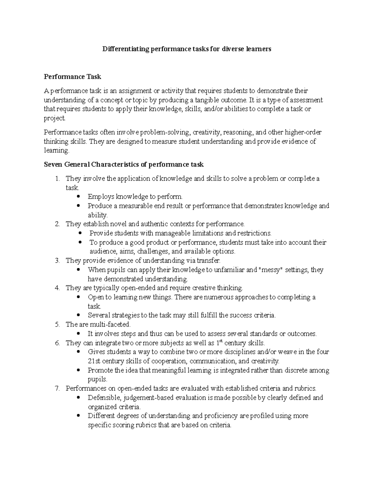 Differentiating Performance Tasks for Diverse Learners: Strategies & Tips - Studocu