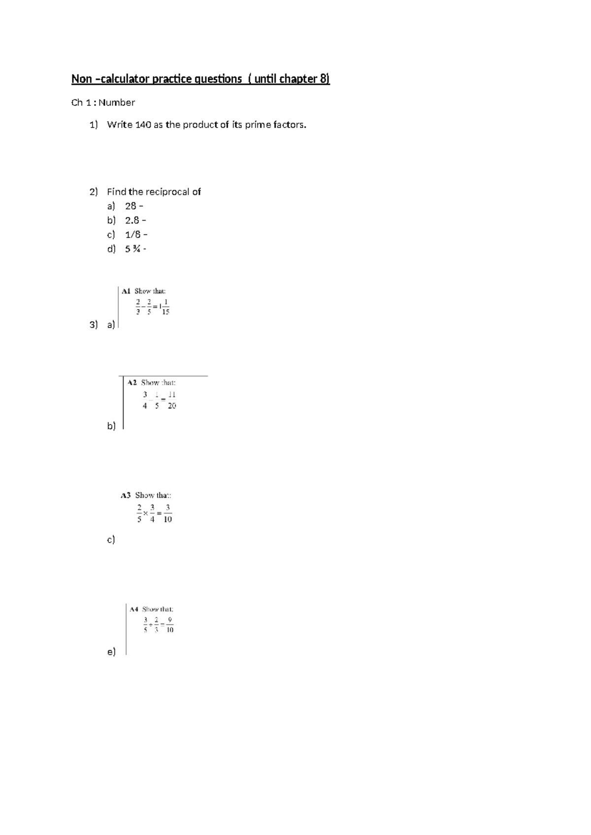 Non-calculator question paper term 1 prepared by self - Non –calculator ...