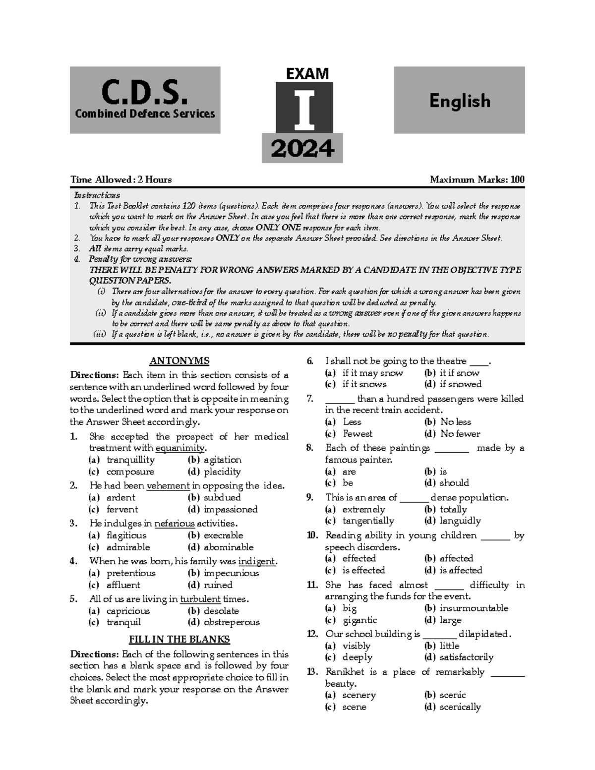 CDS Exam I 2024 English Solved Paper with Instructions and Questions ...