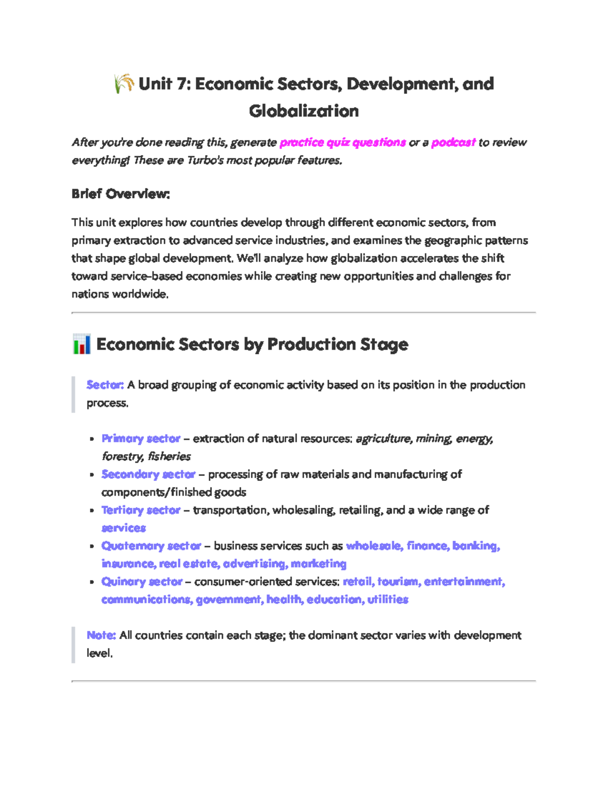 Unit 7: Economic Sectors, Development, & Globalization Overview Quiz ...
