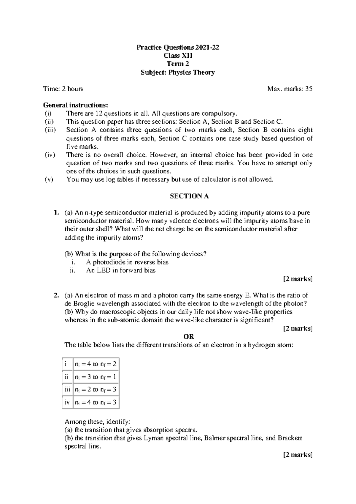 Physics Class XII Term 2 Practice Questions - Student Paper - Studocu