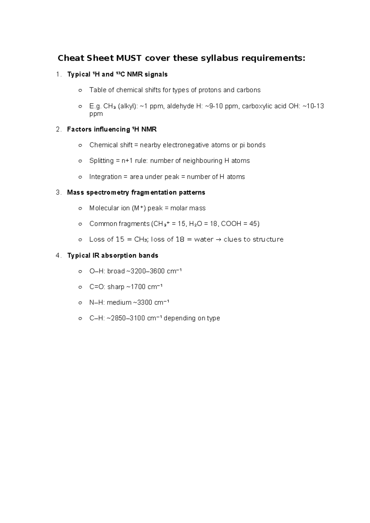 Chem 101: NMR, Mass Spec, and IR Cheat Sheet - Studocu