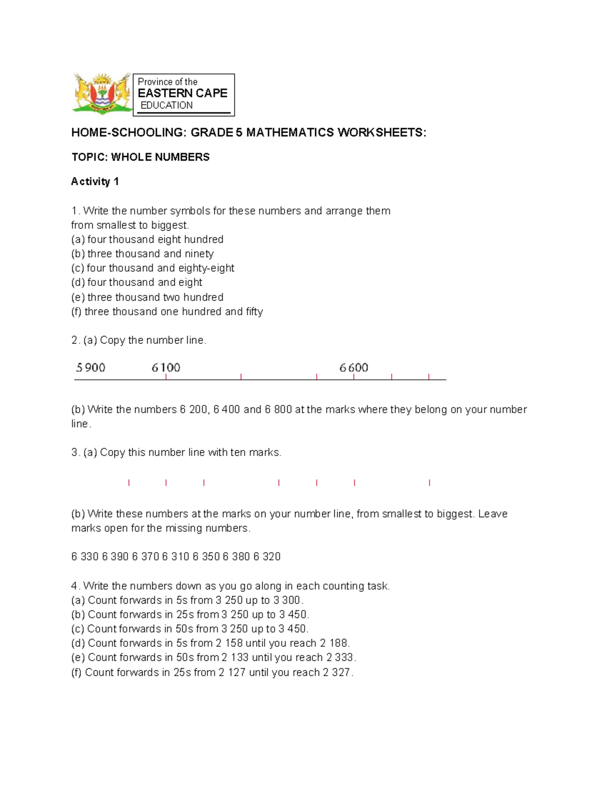 Grade 5 Mathematics Worksheets: Whole Numbers & Operations (May 2020 ...