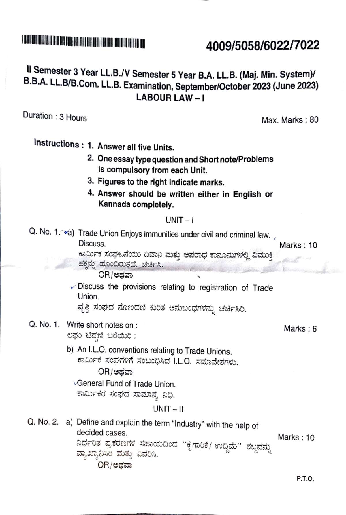 Labour Law 1 KSLU Question Paper Oct 2023 - IISemester 3 Year LL./V ...