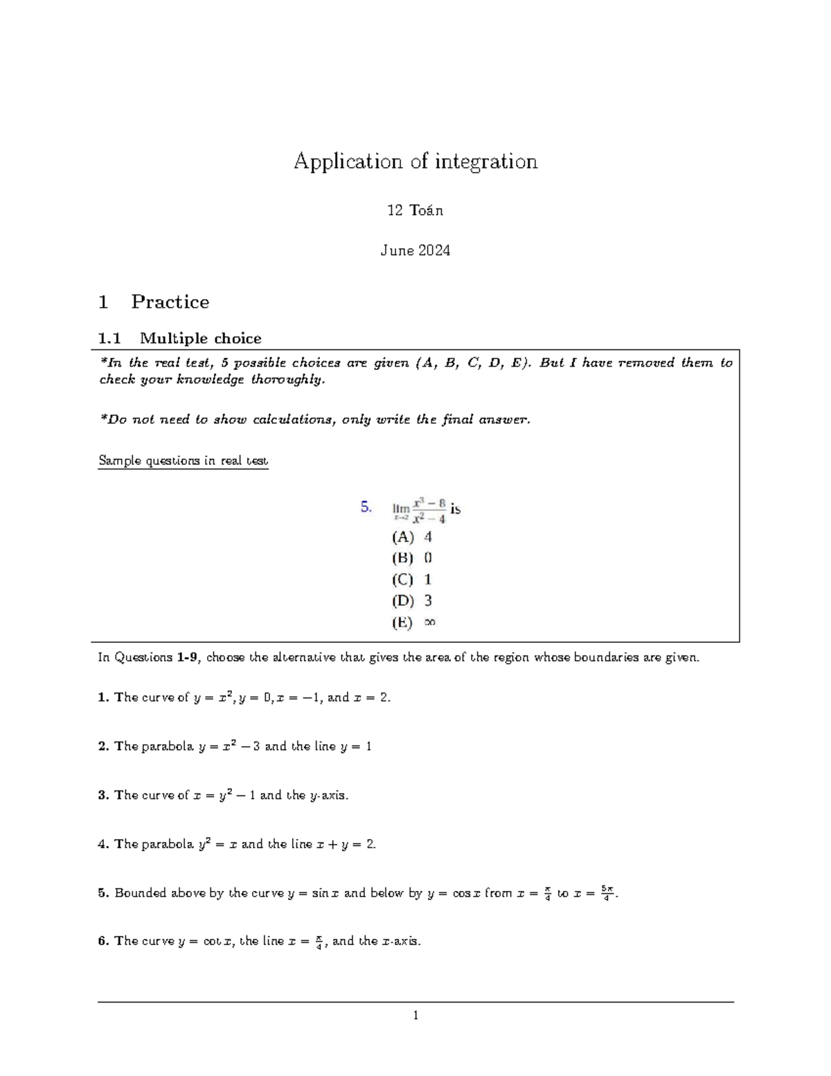 AP Calc 12: Applications of Integration Practice Questions - Studocu