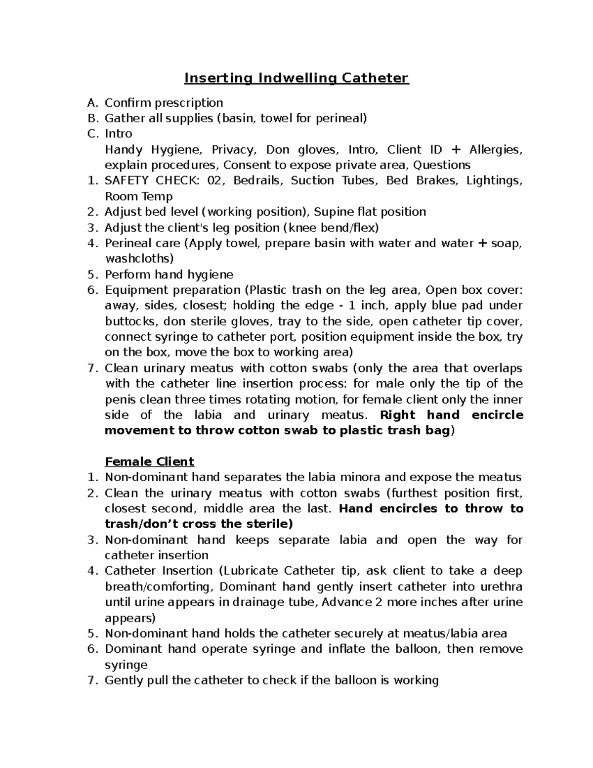 Inserting and Removing Indwelling Catheter Procedure Notes (NURS 101 ...