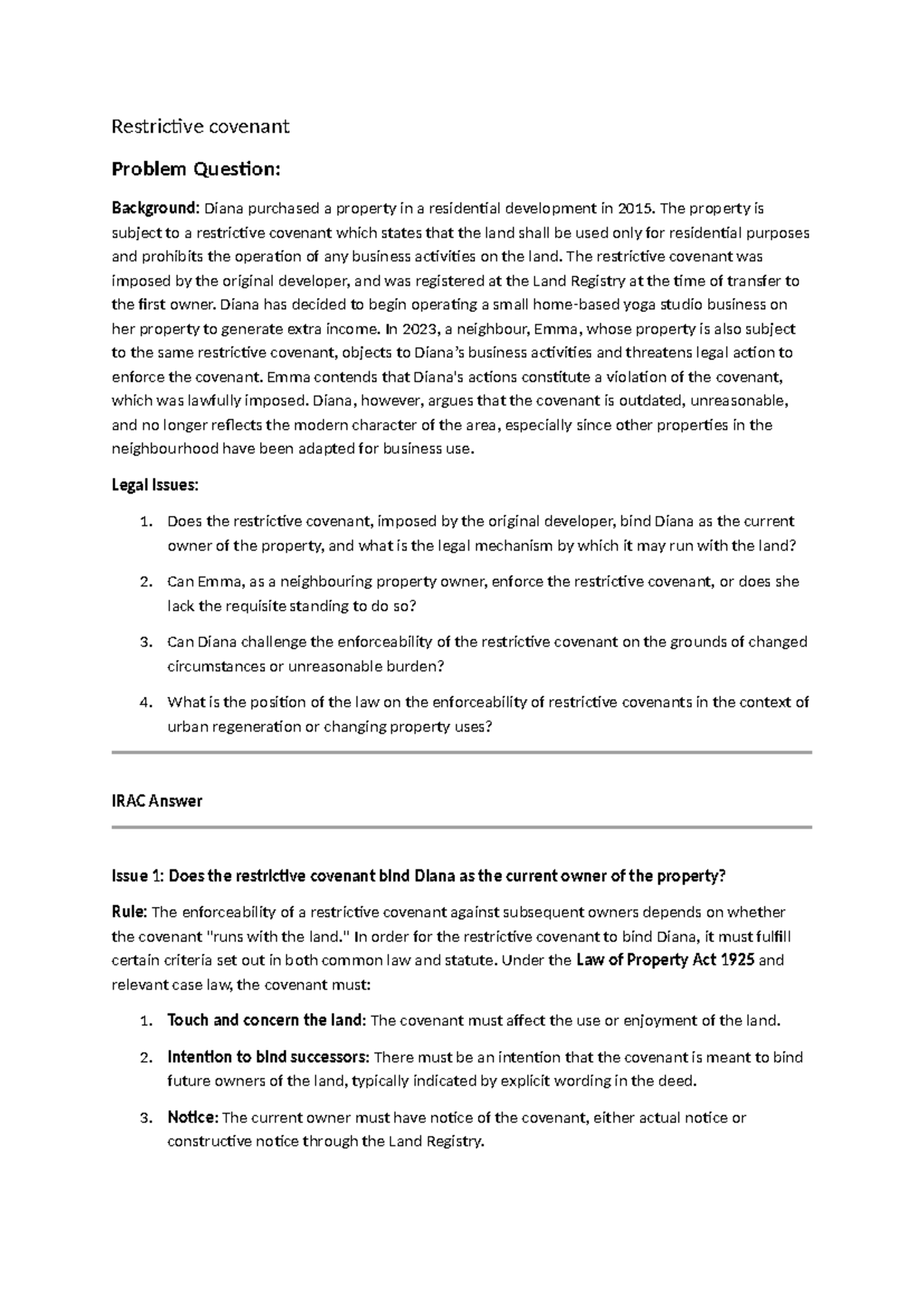 Restrictive covenant analysis in land law: Diana's yoga studio dilemma ...