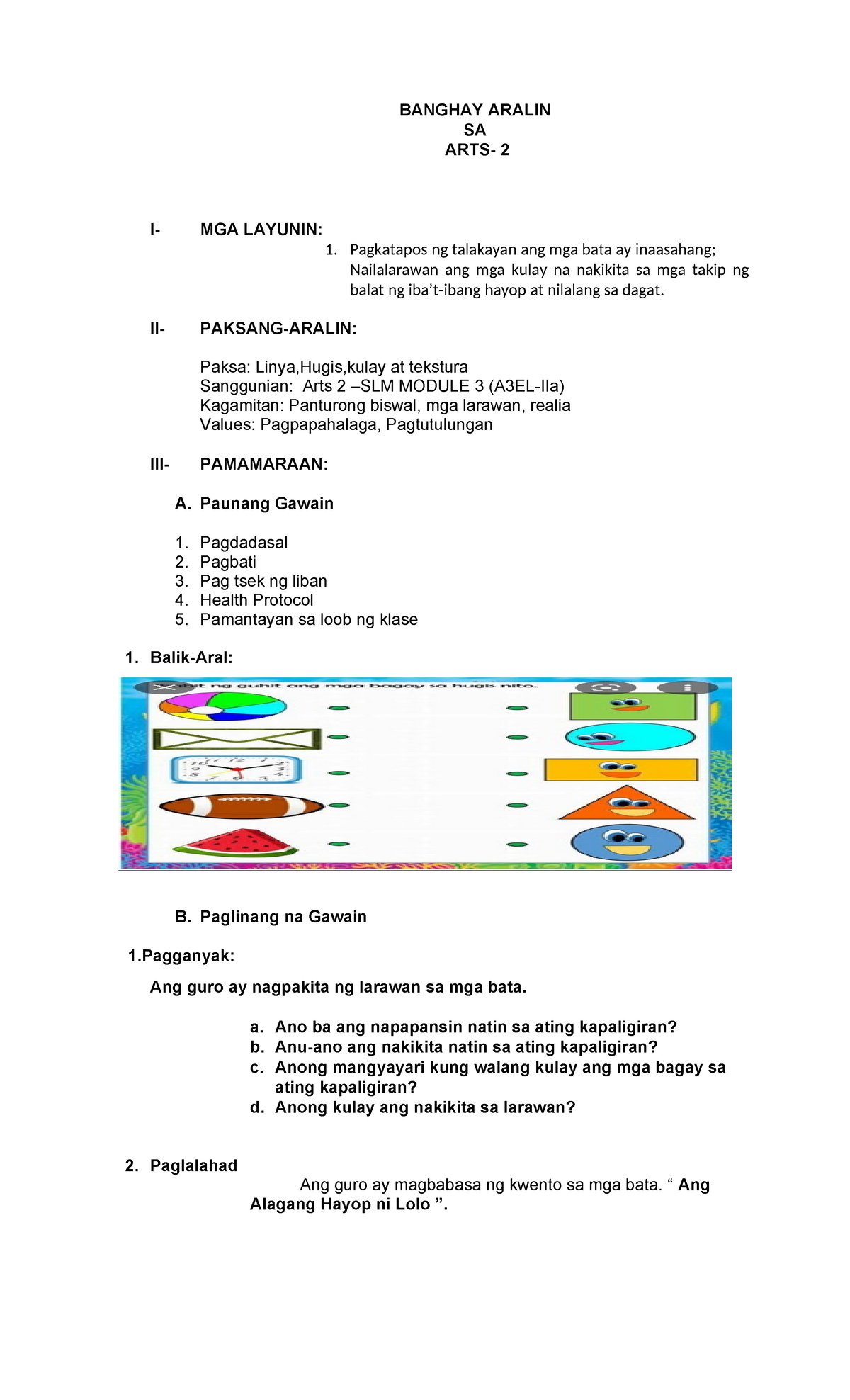 ARTS 2 - Lesson Plan on Colors in Animal Skin and Sea Creatures - Studocu