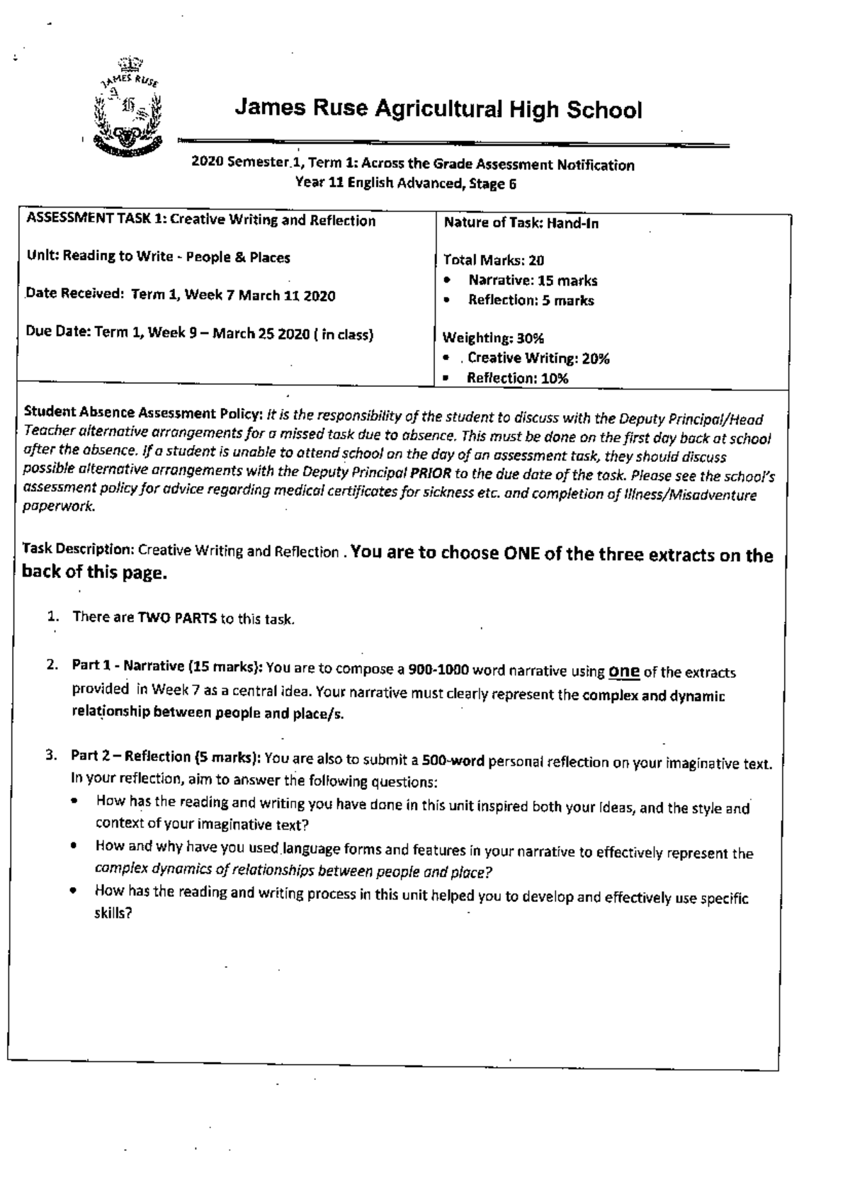 Reading to Write Stimulus Extracts- Assessment Task 1 2020 - James Ruse ...