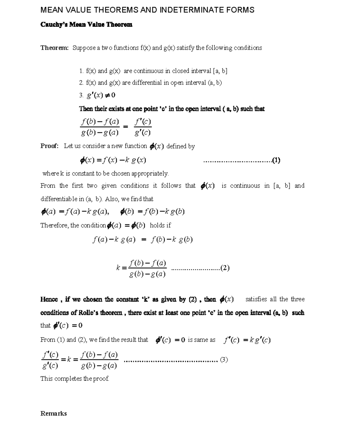 2.1 Mean Value Theorems & Indeterminate Forms - Detailed Notes - Studocu