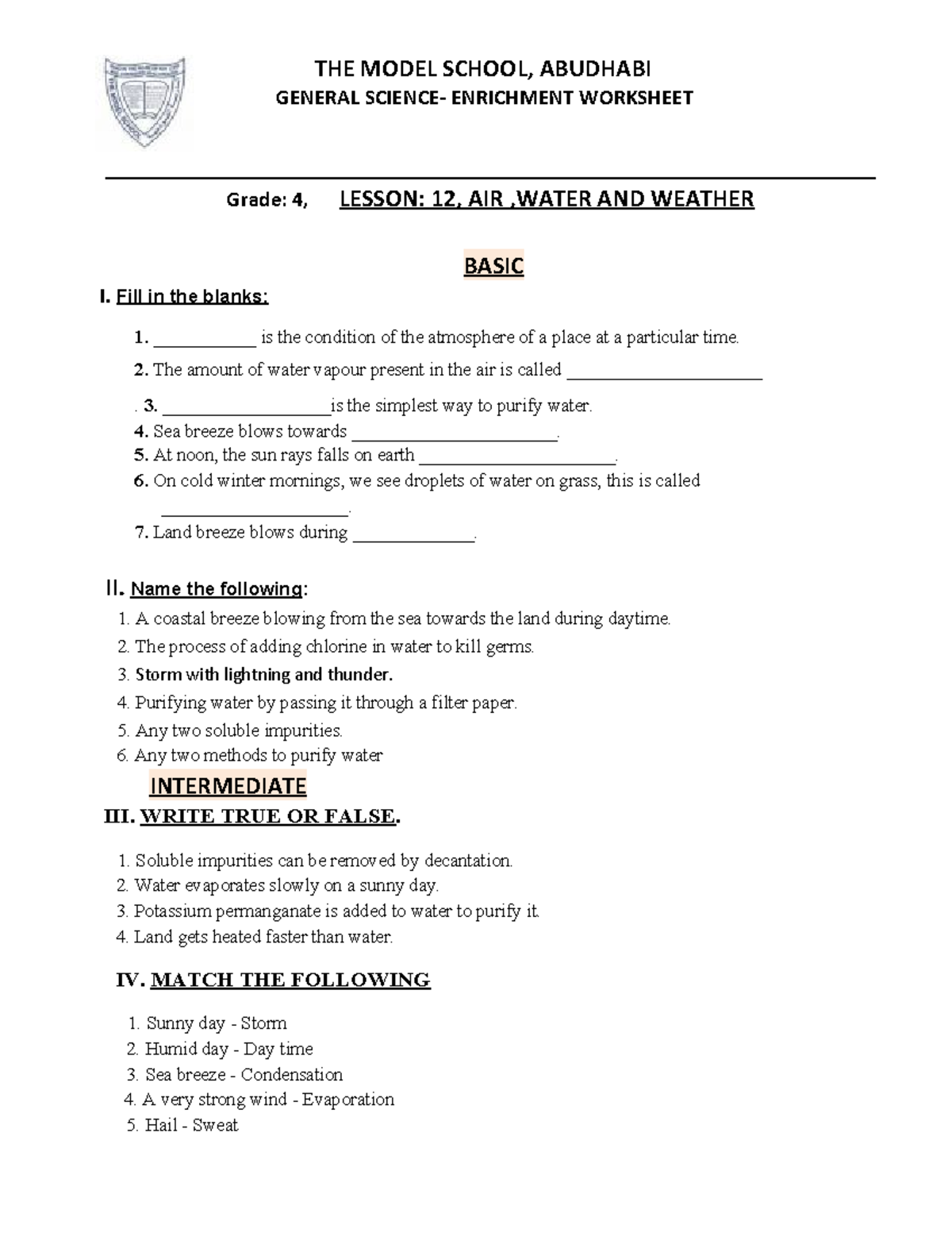 Grade 4 WKST -AIR, Water& Weather - THE MODEL SCHOOL, ABUDHABI GENERAL ...