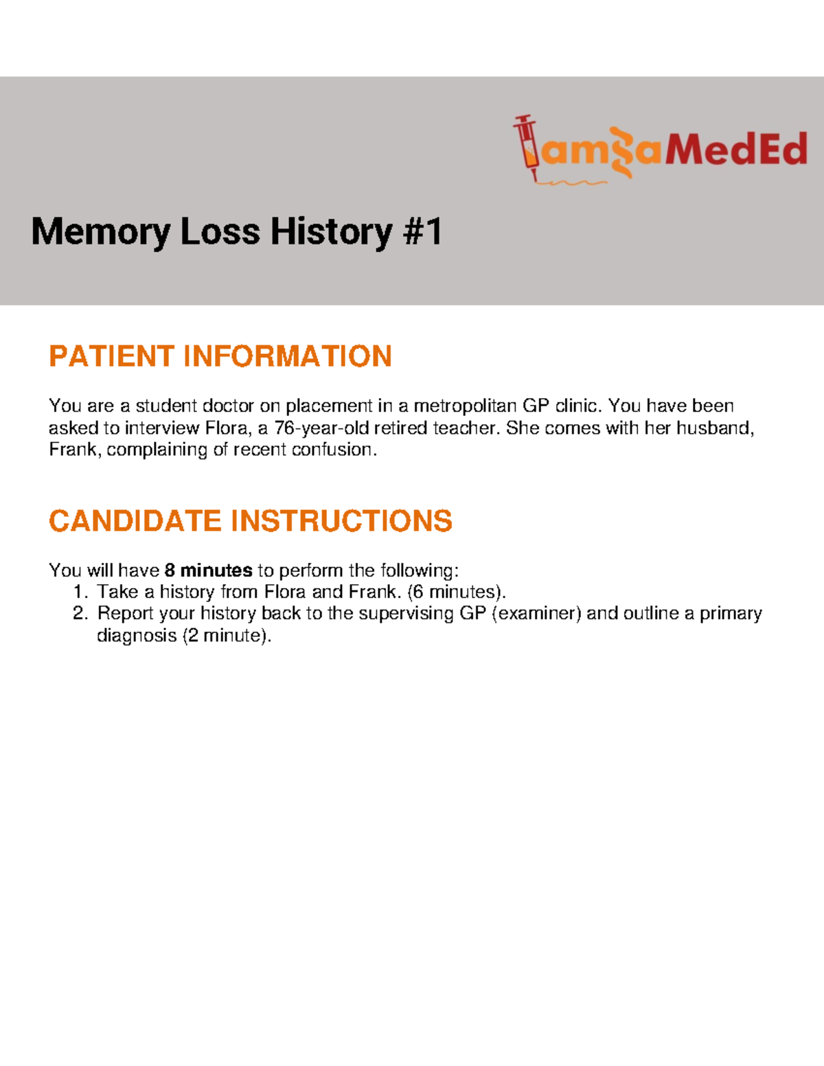 Memory Loss History #1 - GP Placement Case Study - Studocu