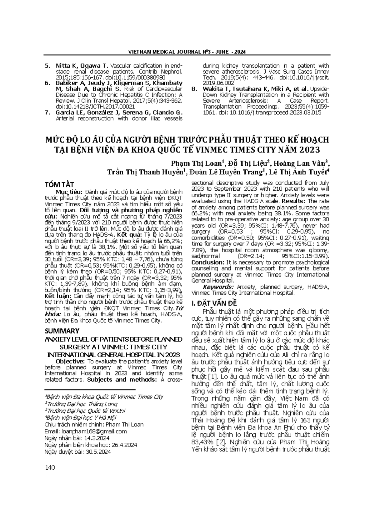 Anxiety Levels in Patients Before Planned Surgery at Vinmec Times City ...