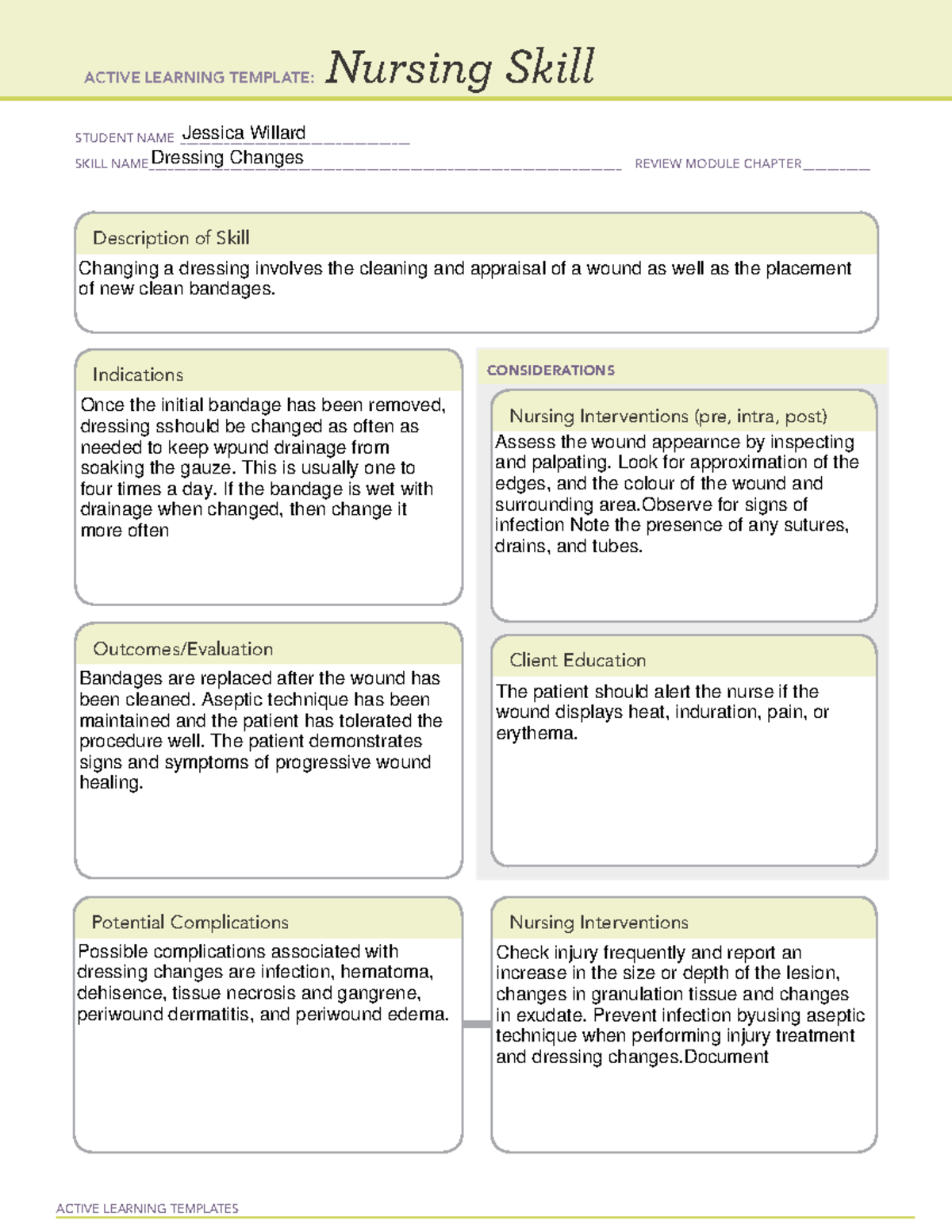 Dressing Changes Nursing Skills Template: Active Learning Guide - Studocu