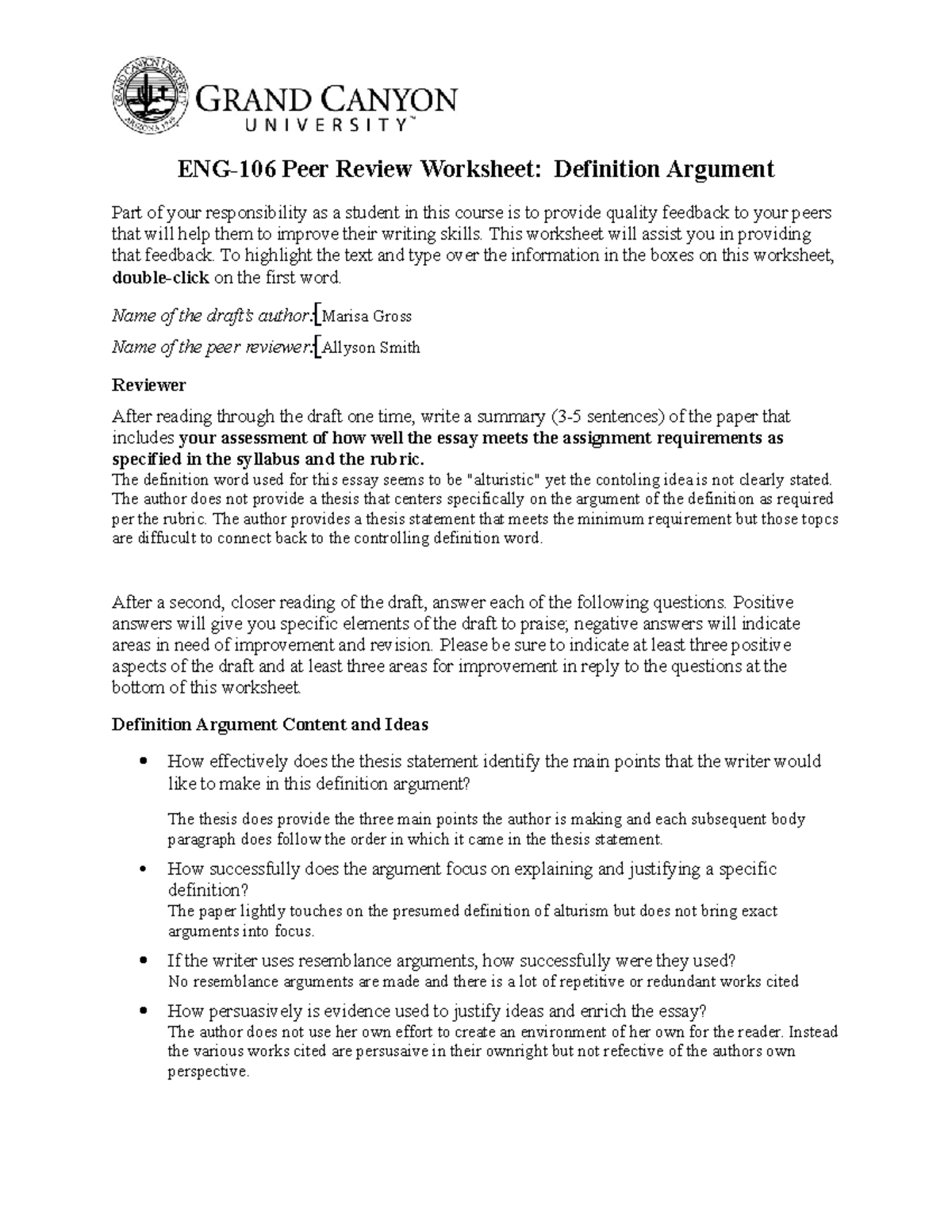 ENG-106 Peer Review Worksheet for Definition Argument Essay - Studocu