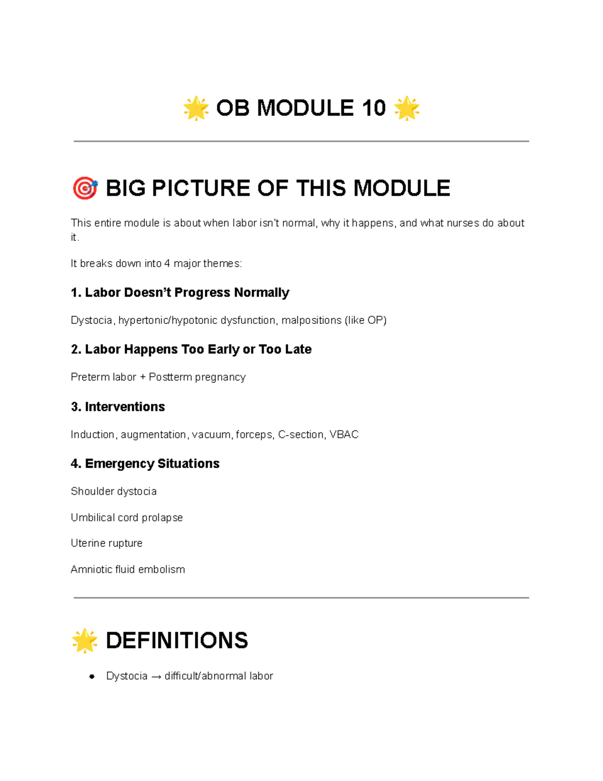 OB Module 10: Understanding Labor and Birth Complications - Studocu