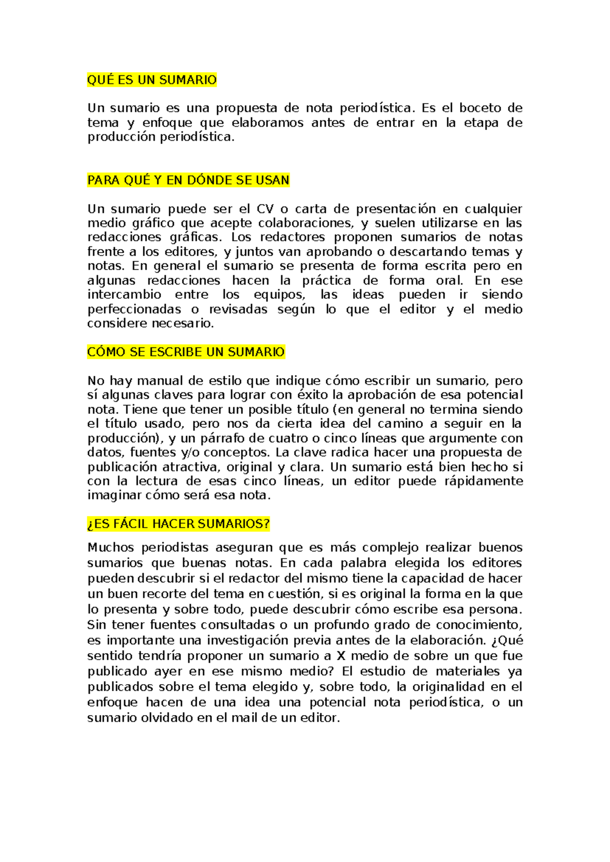 Sumarios: Aspectos Clave y Propuestas para Cursada - Studocu