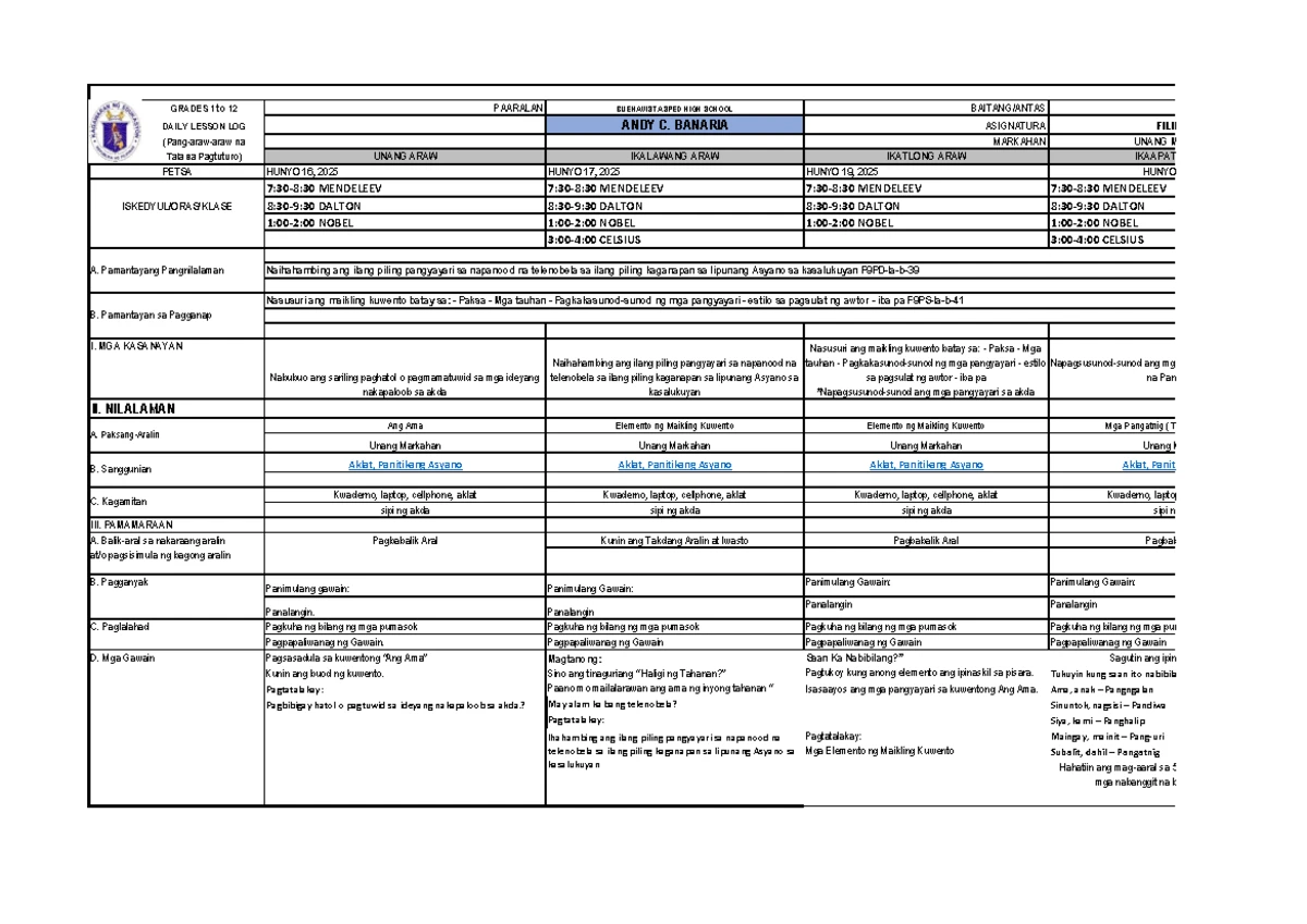 DLL-W1-QTR2.3: Daily Lesson Log for Filipino - Grade 9, 1st Quarter ...