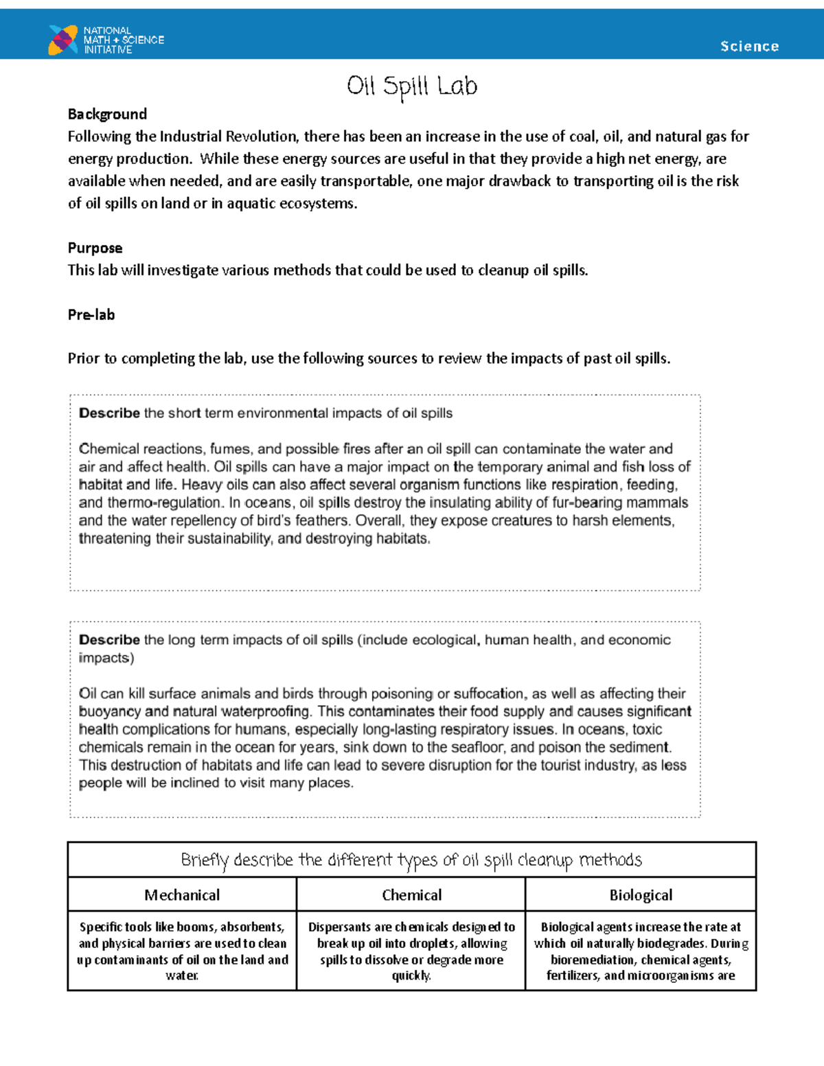 Oil Spill Lab Student - Oil Spill Lab Background Following the ...