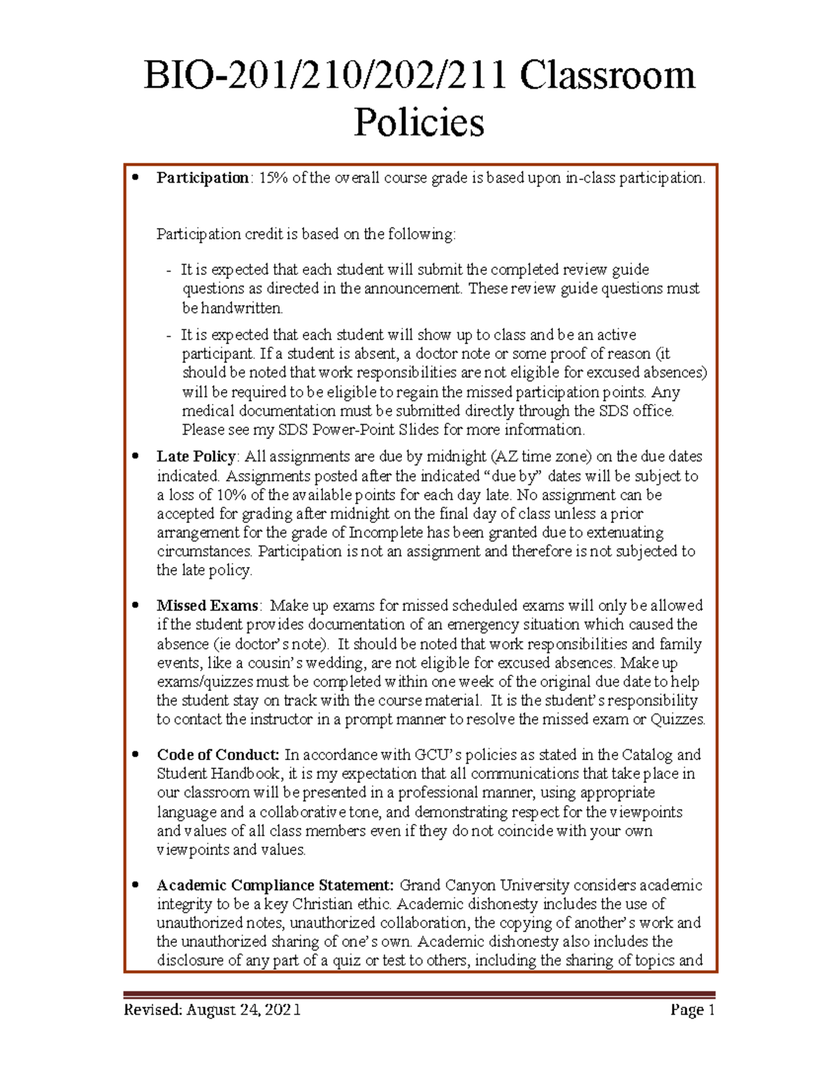BIO-201/210/202/211 A&P Classroom Policies and Participation Guidelines ...