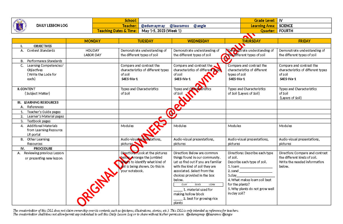 DLL Science 4 Q4 W1 Types & Characteristics of Soil Lesson Plan - Studocu