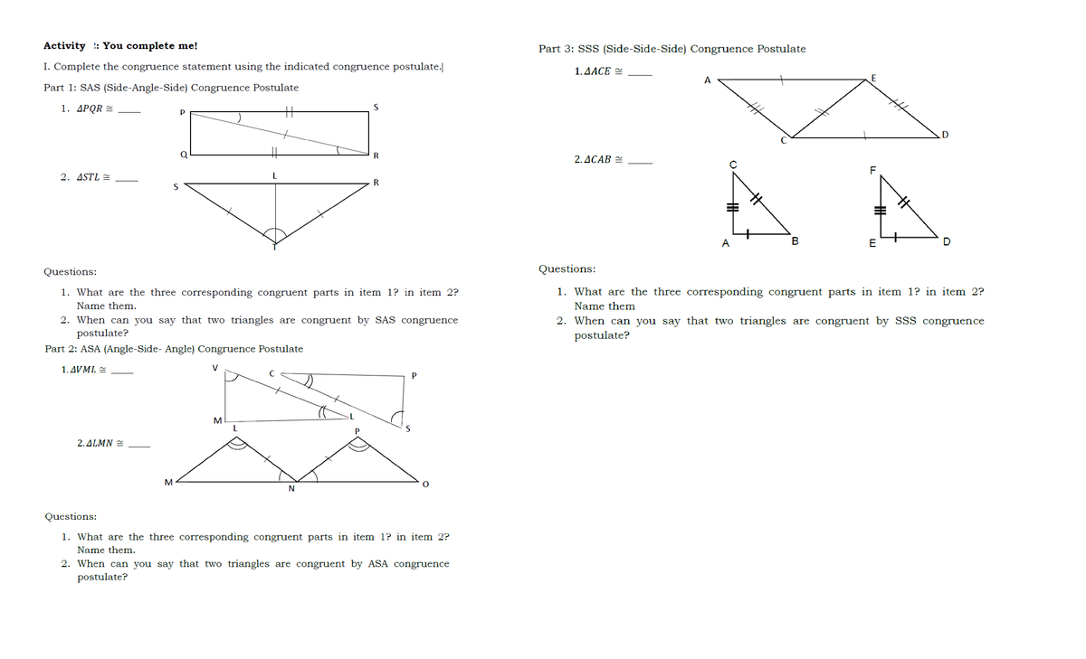 Q3W4 Activity: Exploring Congruence Postulates and Triangle Similarity ...