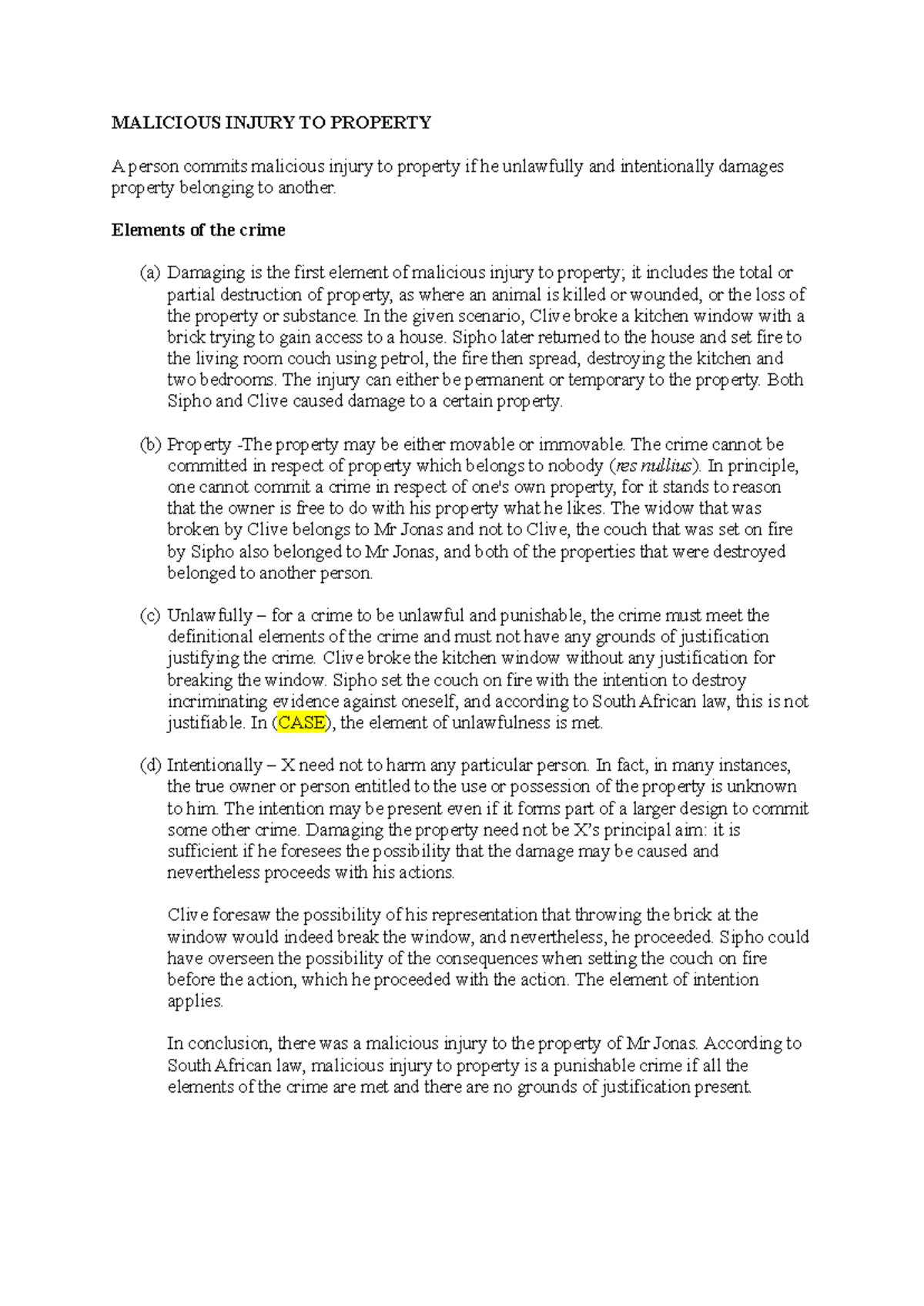 MALICIOUS INJURY TO PROPERTY: Legal Analysis and Case Study - Studocu