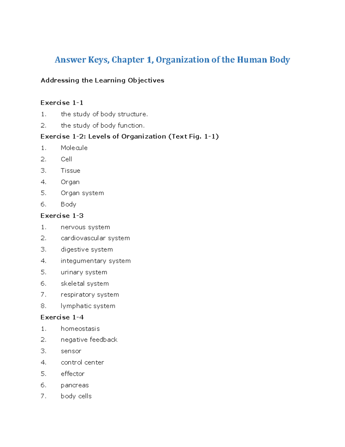 AK Chapter 01 - Answer Key: Organization of the Human Body - Studocu