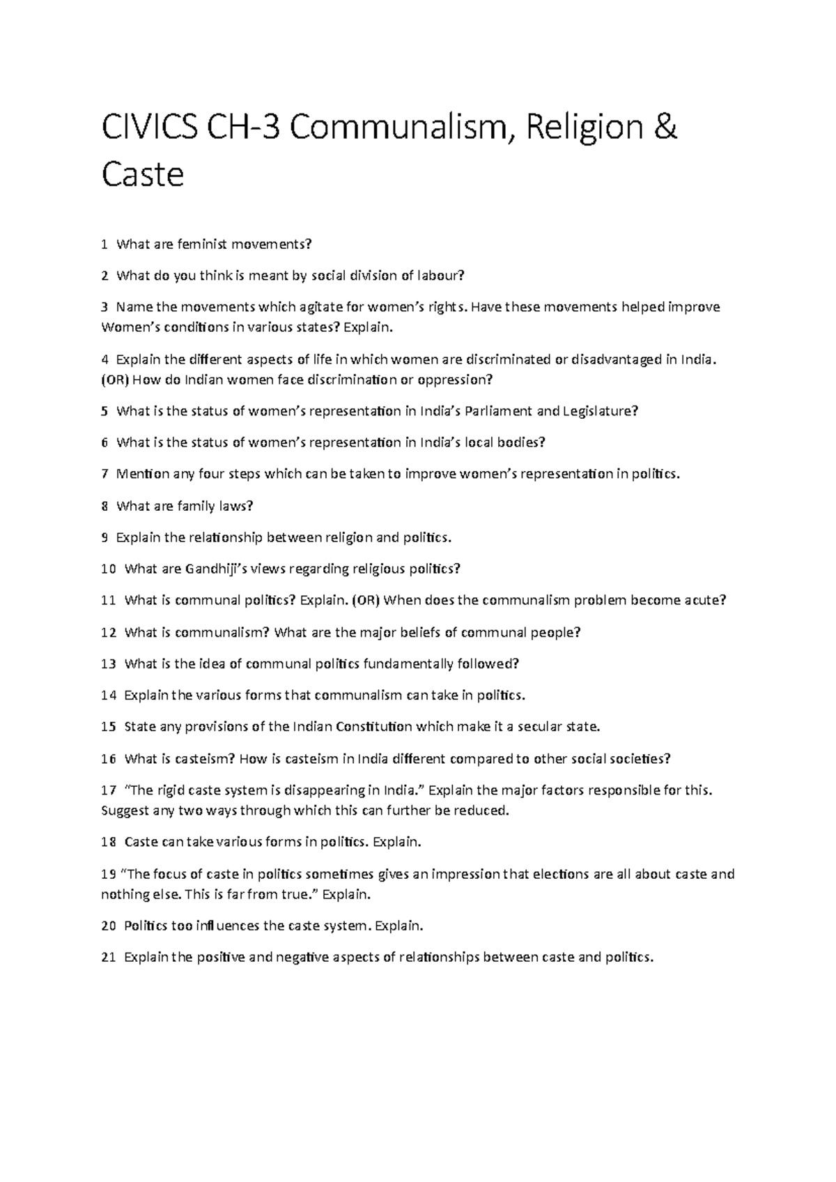CIVICS CH-3: Communalism, Religion, and Caste - Question Paper - Studocu