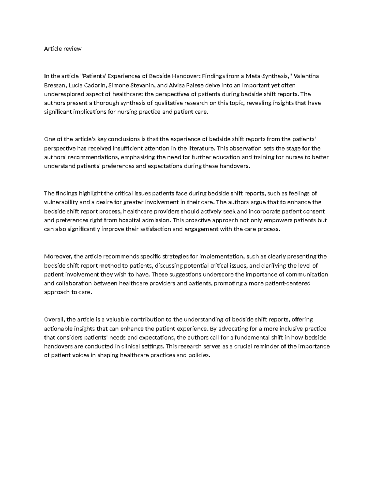 Article Review: Patient Perspectives on Bedside Handover (NURS 101 ...