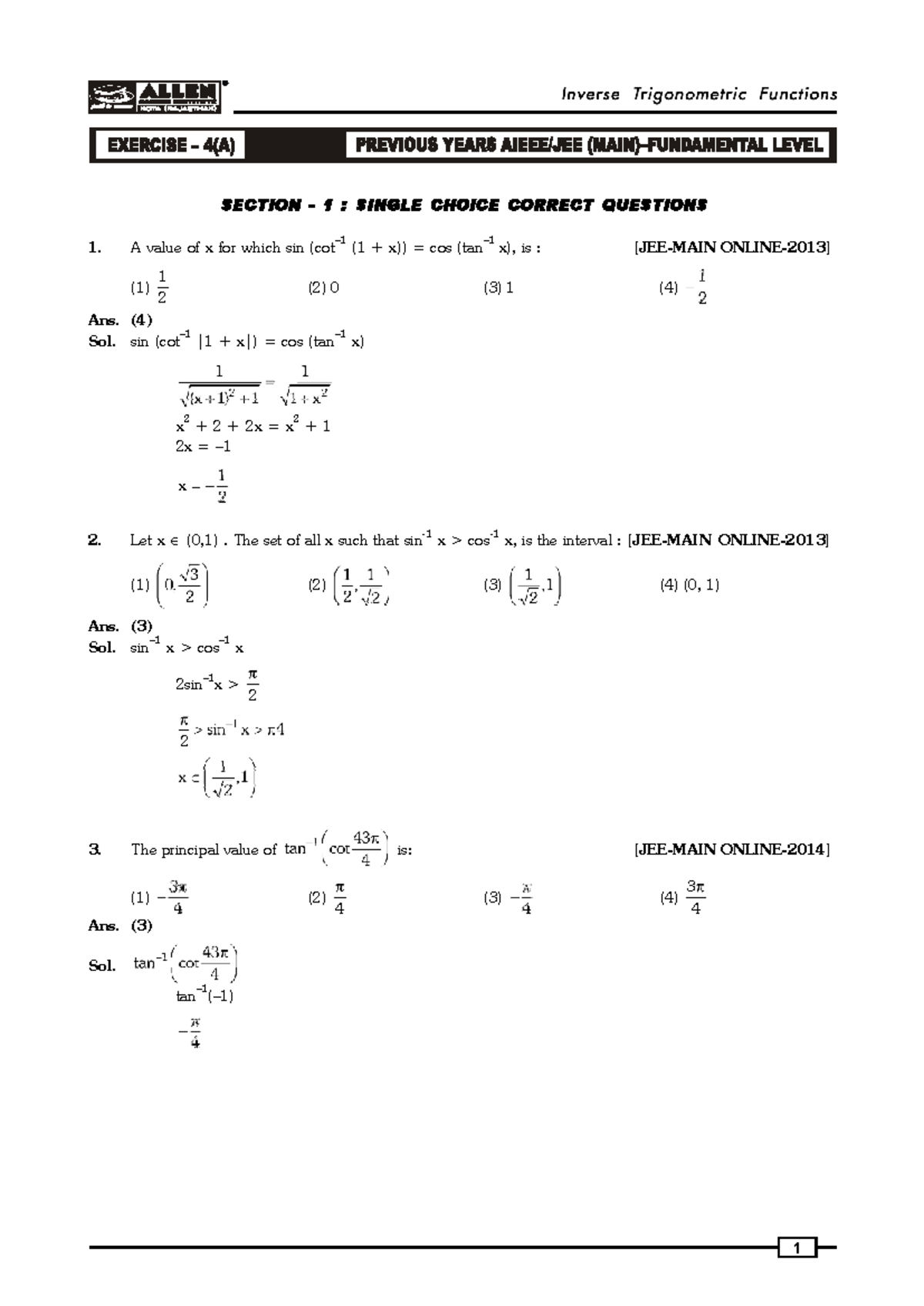 Inverse Trigonometric Functions - Exercise Solutions 2 (MAINS ONLINE ...