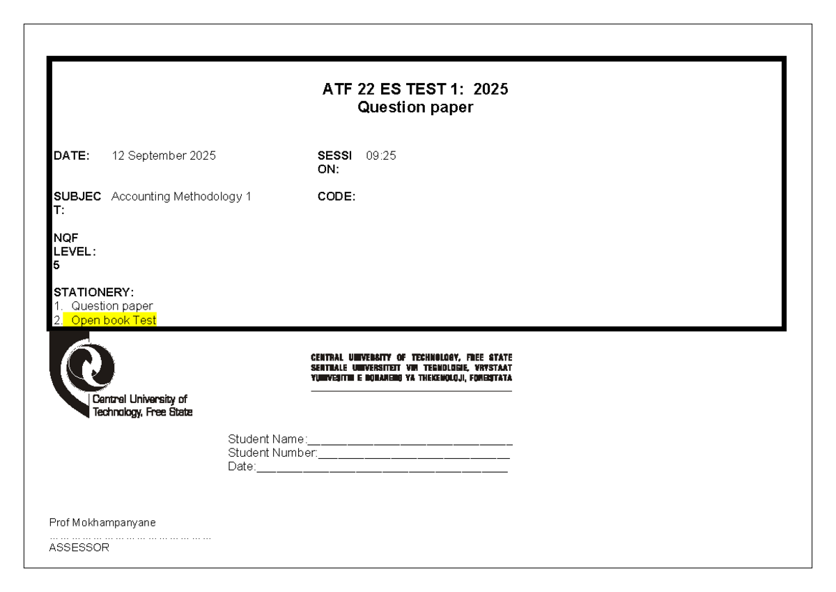 ATF 22 ES Test 1: Accounting Methodology Question Paper 2025 - Studocu
