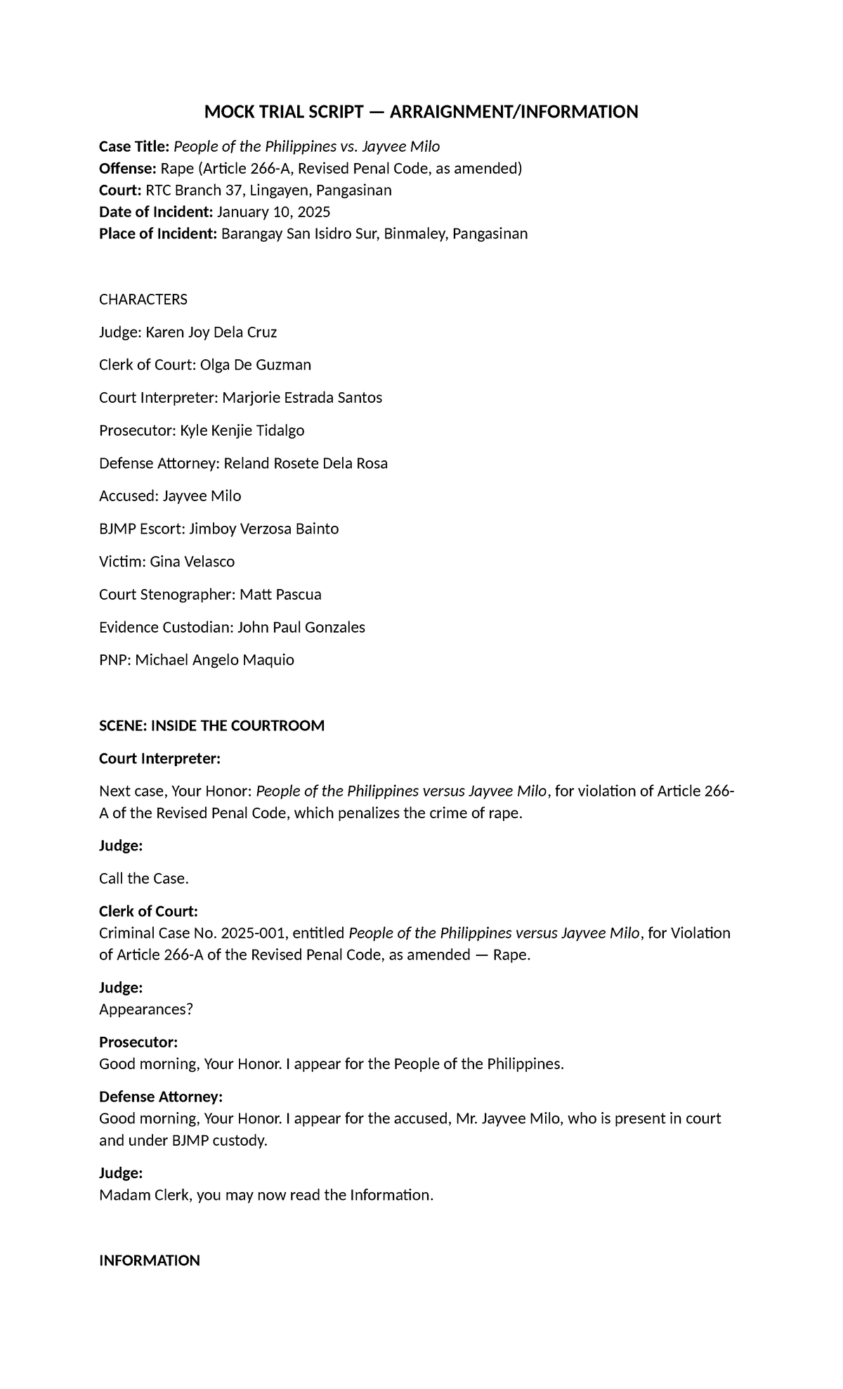 MOCK TRIAL SCRIPT: People of the Philippines vs. Jayvee Milo (Rape Case ...