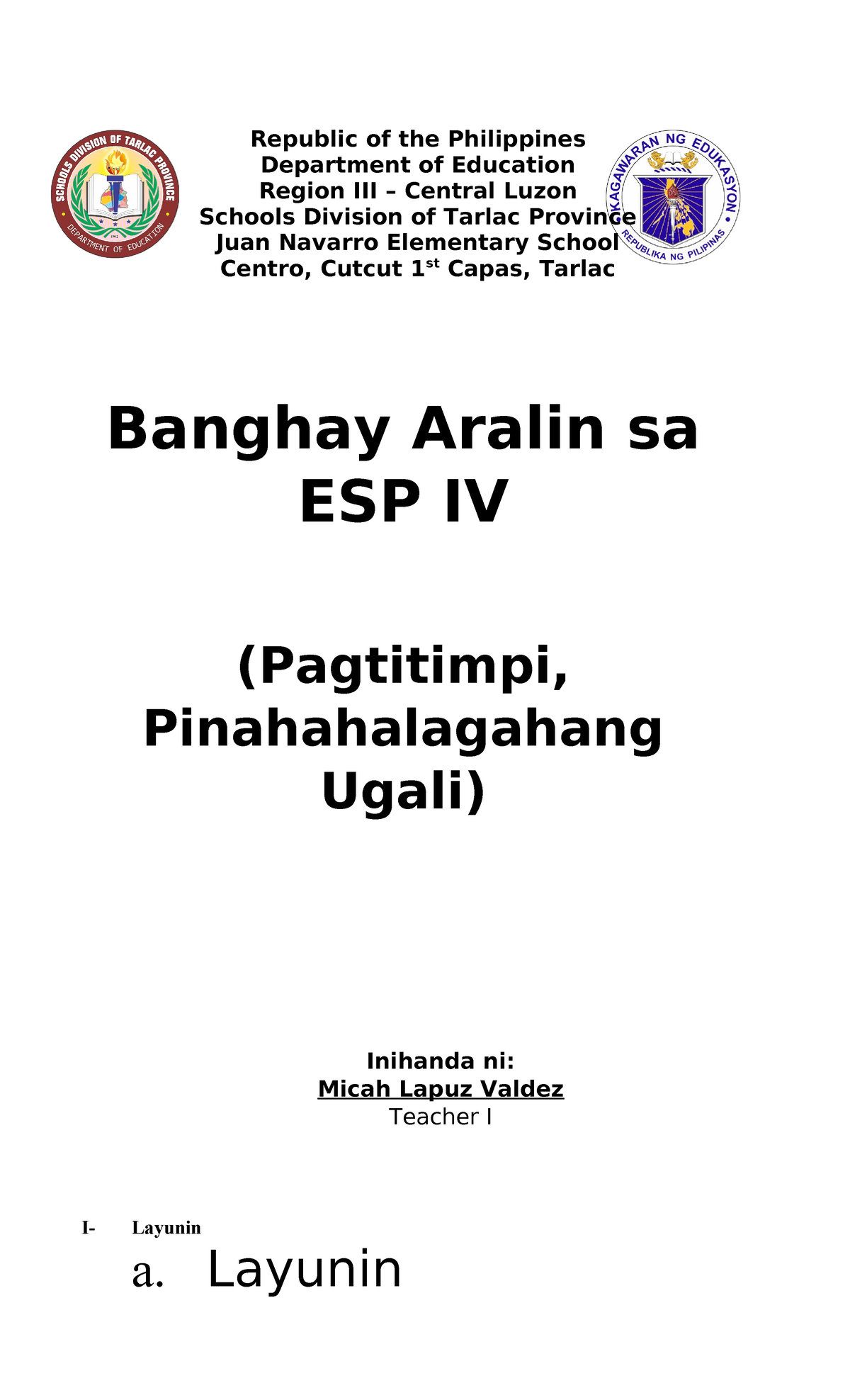 Banghay Aralin sa ESP IV: Pagtitimpi at Pinahahalagahang Ugali - Studocu