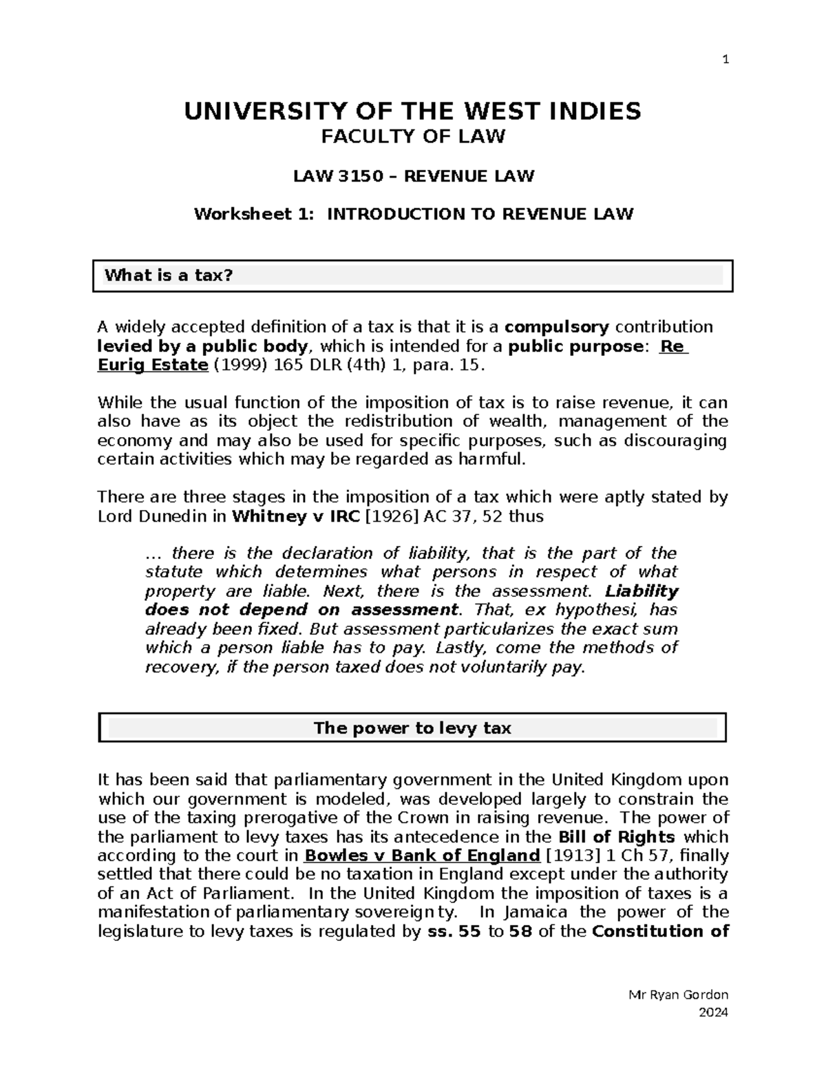LAW 3150 Revenue Law Worksheet 1: Intro to Tax Principles - Studocu