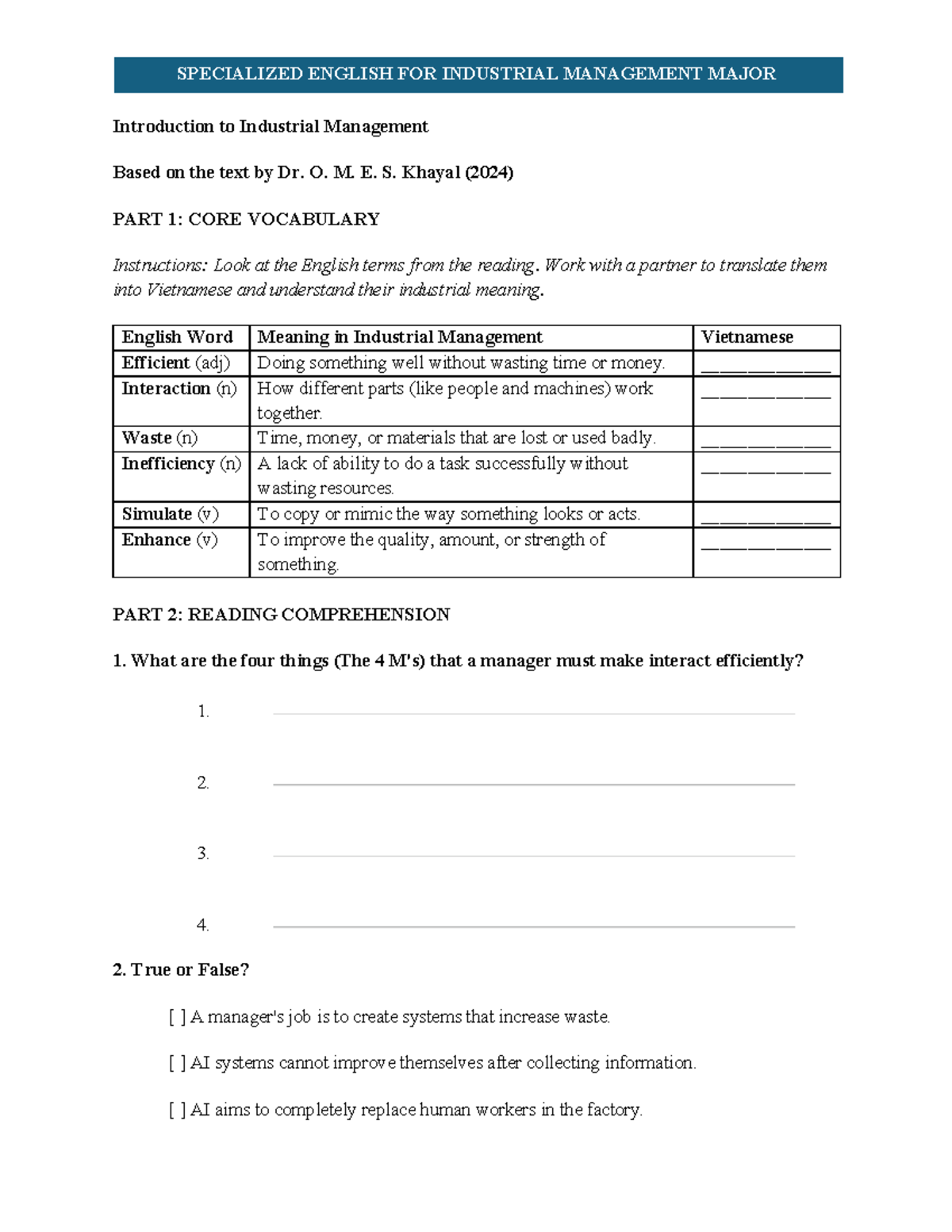 Introduction to Industrial Management Worksheet (ENG 101) - Studocu