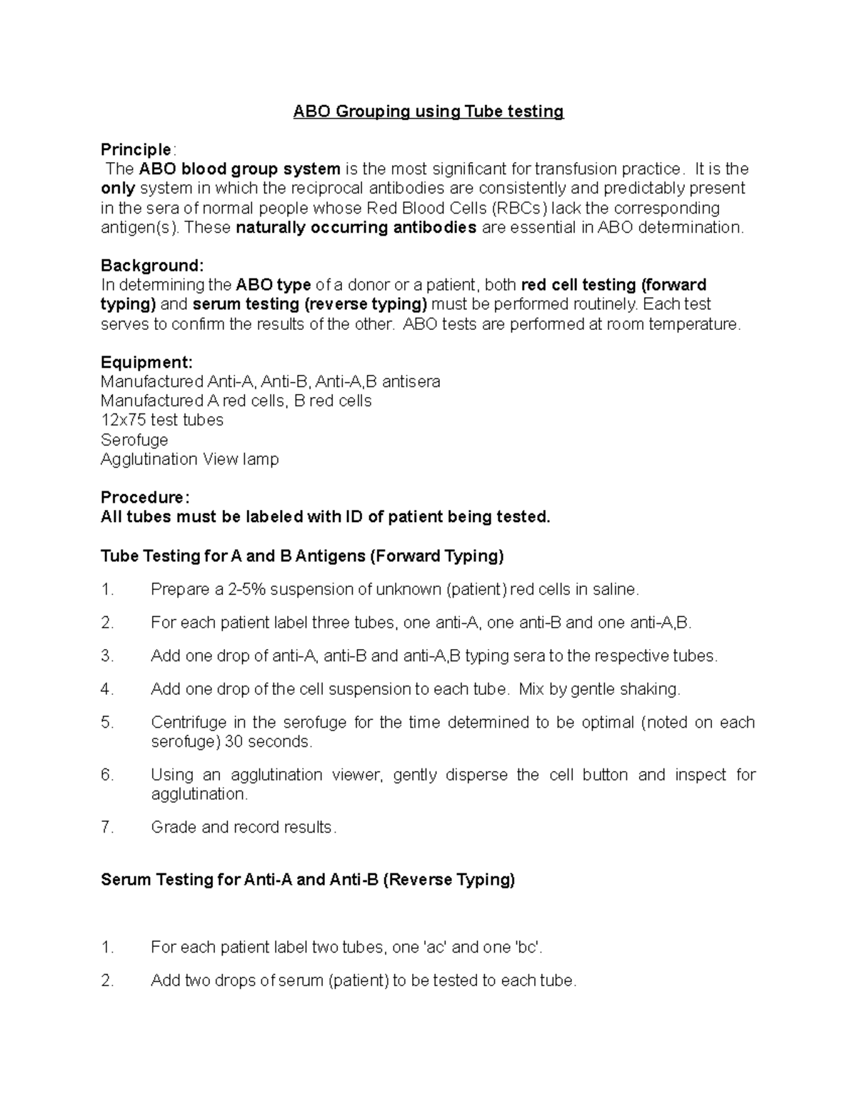 ABO Grouping Procedure - Lab Manual for Blood Typing - Studocu