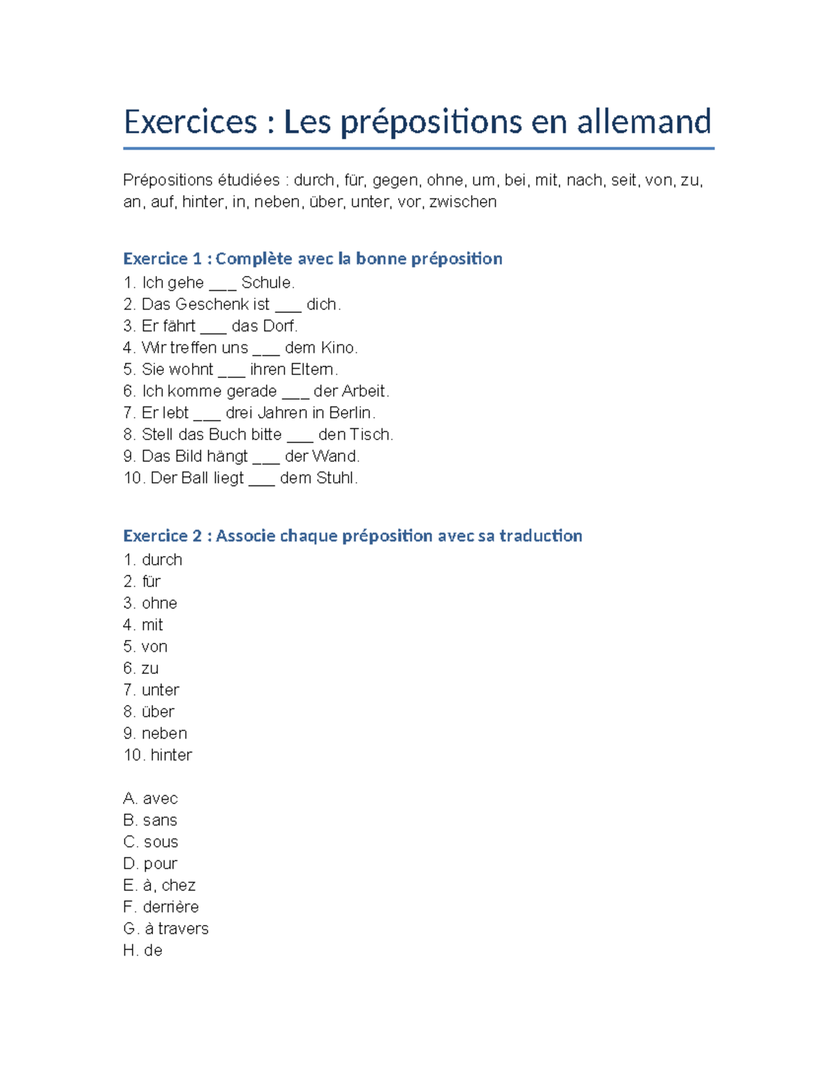 Exercices sur les Prépositions en Allemand - 1ère Partie - Studocu