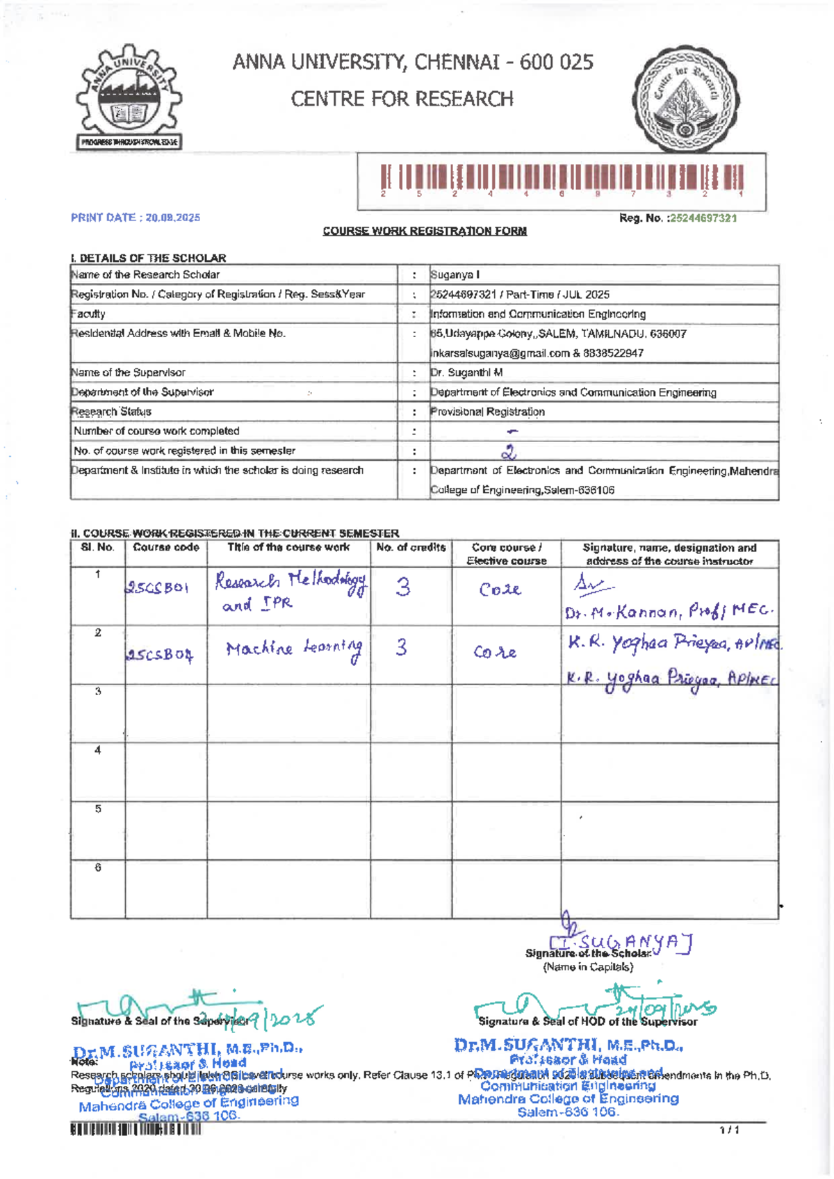 Course Work Registration Form for Ph.D. Scholar Suganya I (25244697321 ...