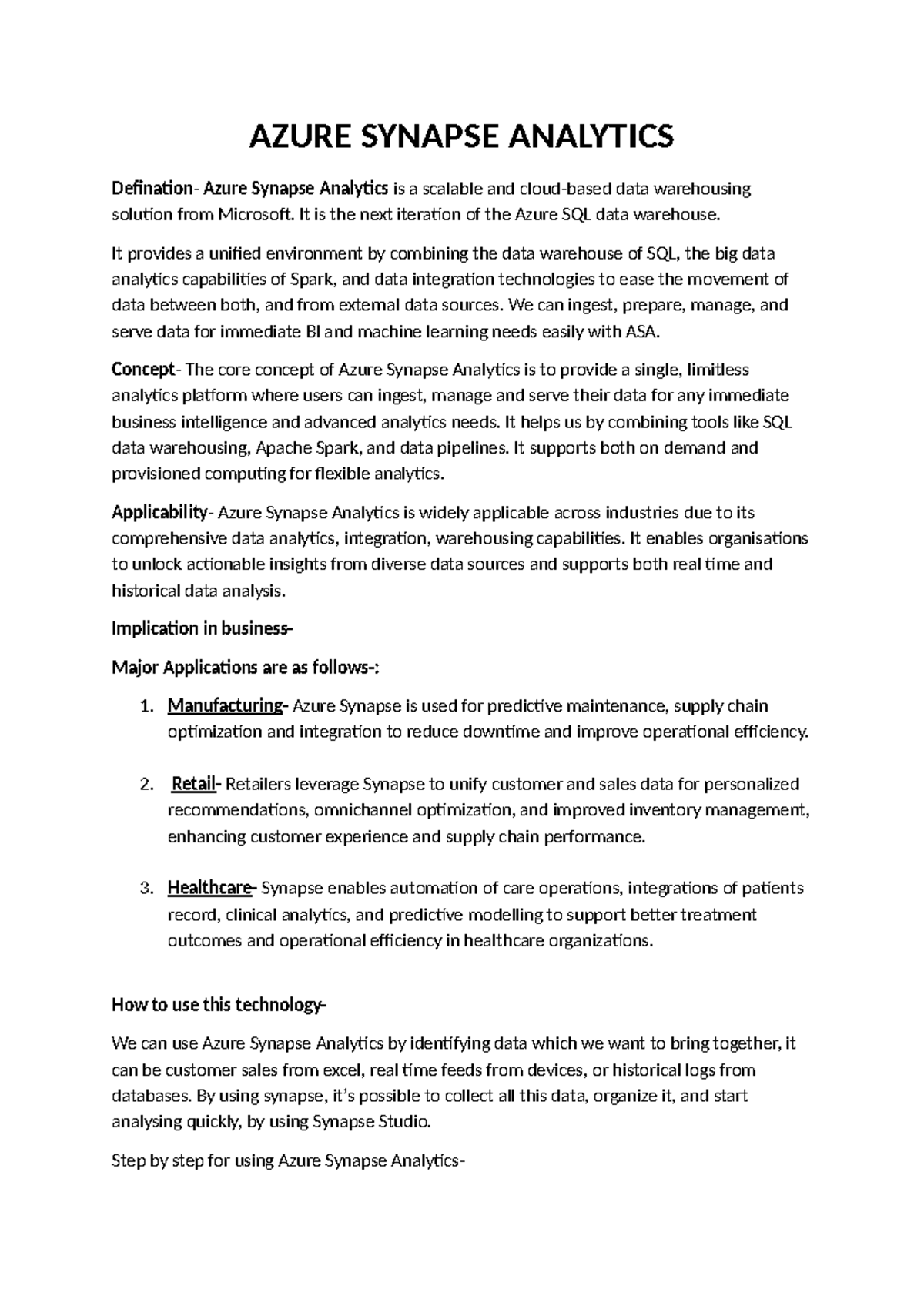 AZURE SYNAPSE ANALYTICS: A Comprehensive Overview and Applications - Studocu