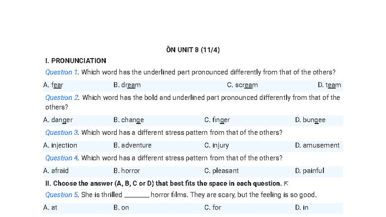 ÔN UNIT 8: Pronunciation & Vocabulary Practice Questions - Studocu