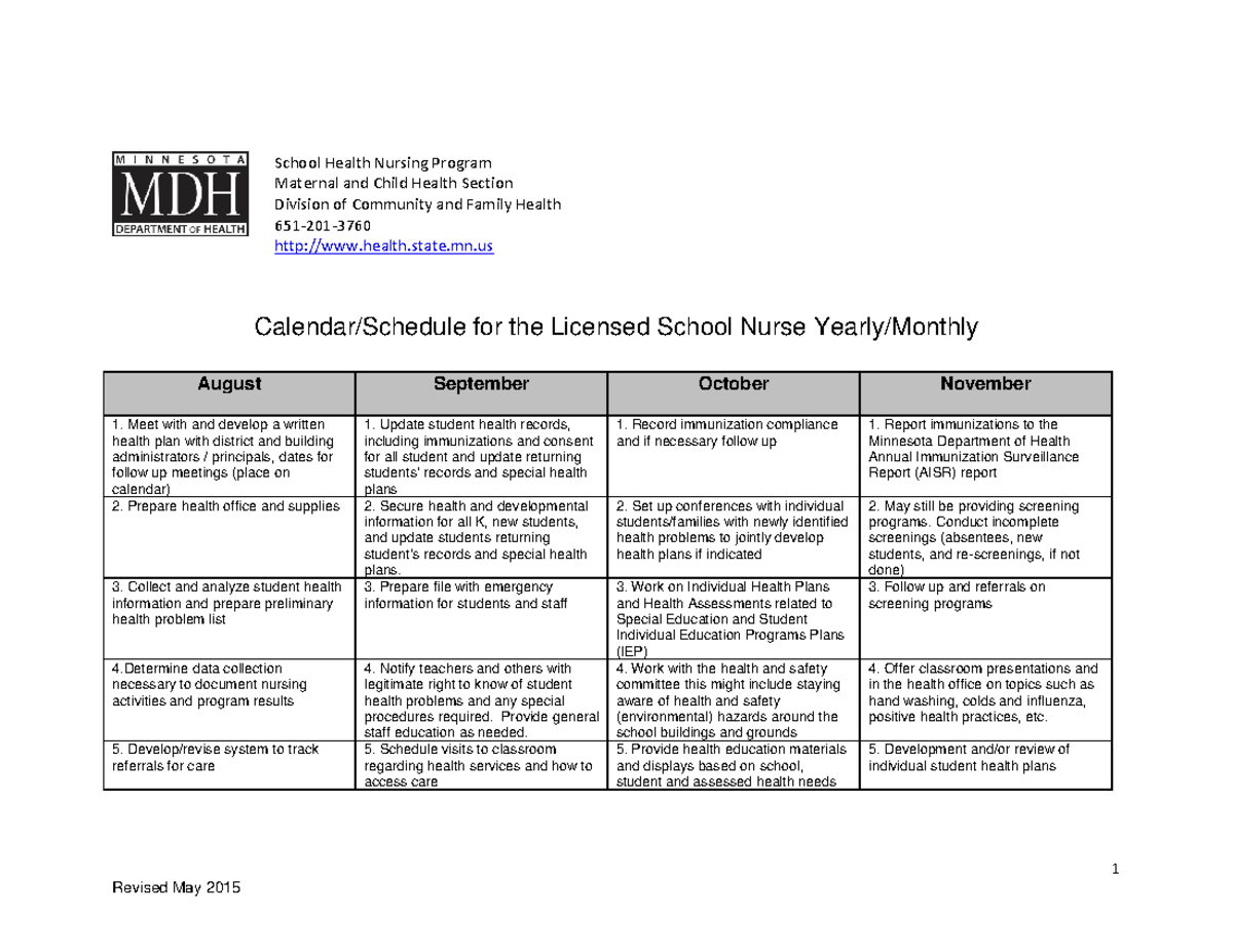 Health Clinic Services & Yearly Calendar of Activities for School ...