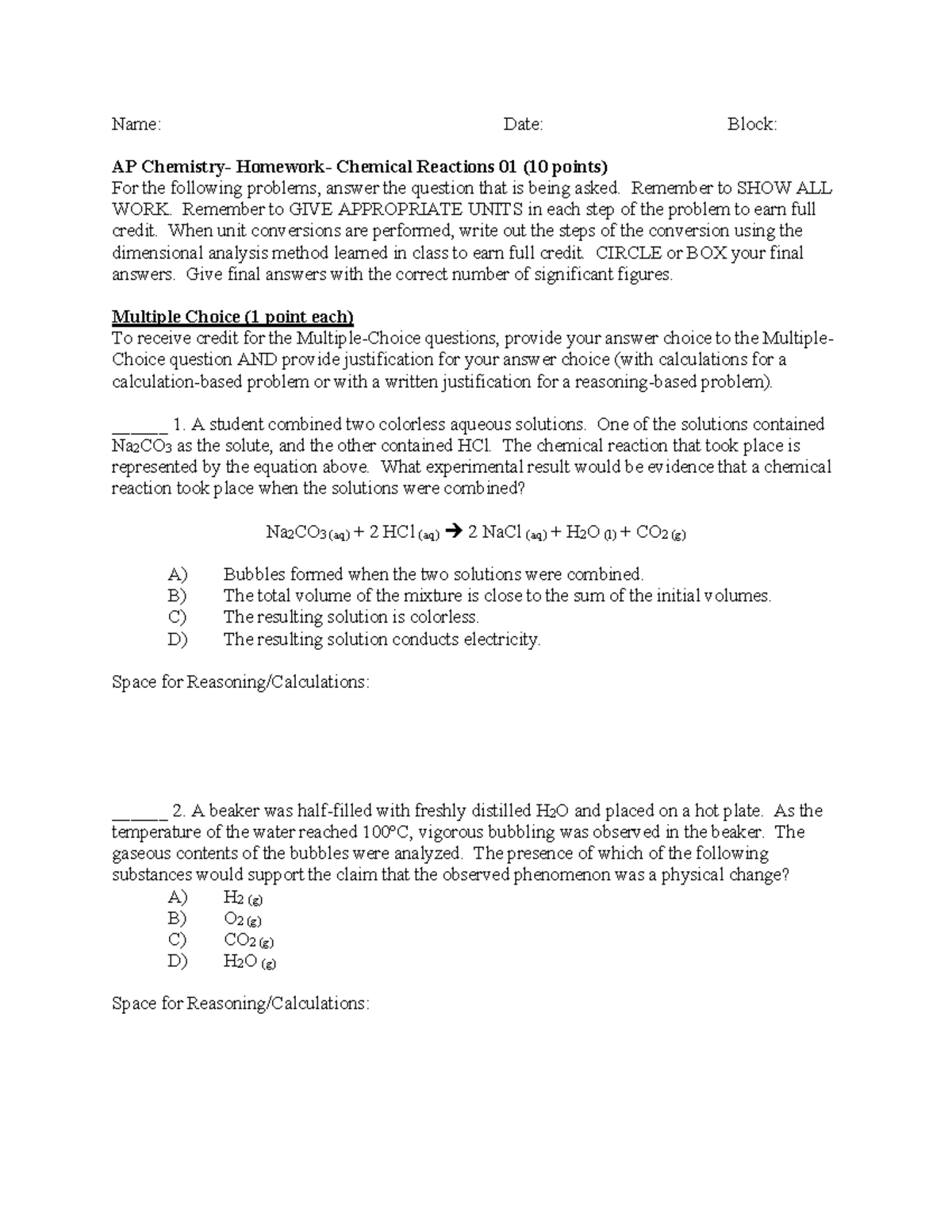 AP CHEM 01: HW on Chemical Reactions & Unit Conversions - Studocu