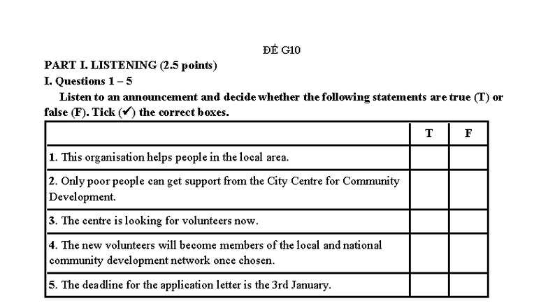 ĐỀ G10 Kỳ 1 - Listening, Grammar, Reading & Writing Exercises - Studocu