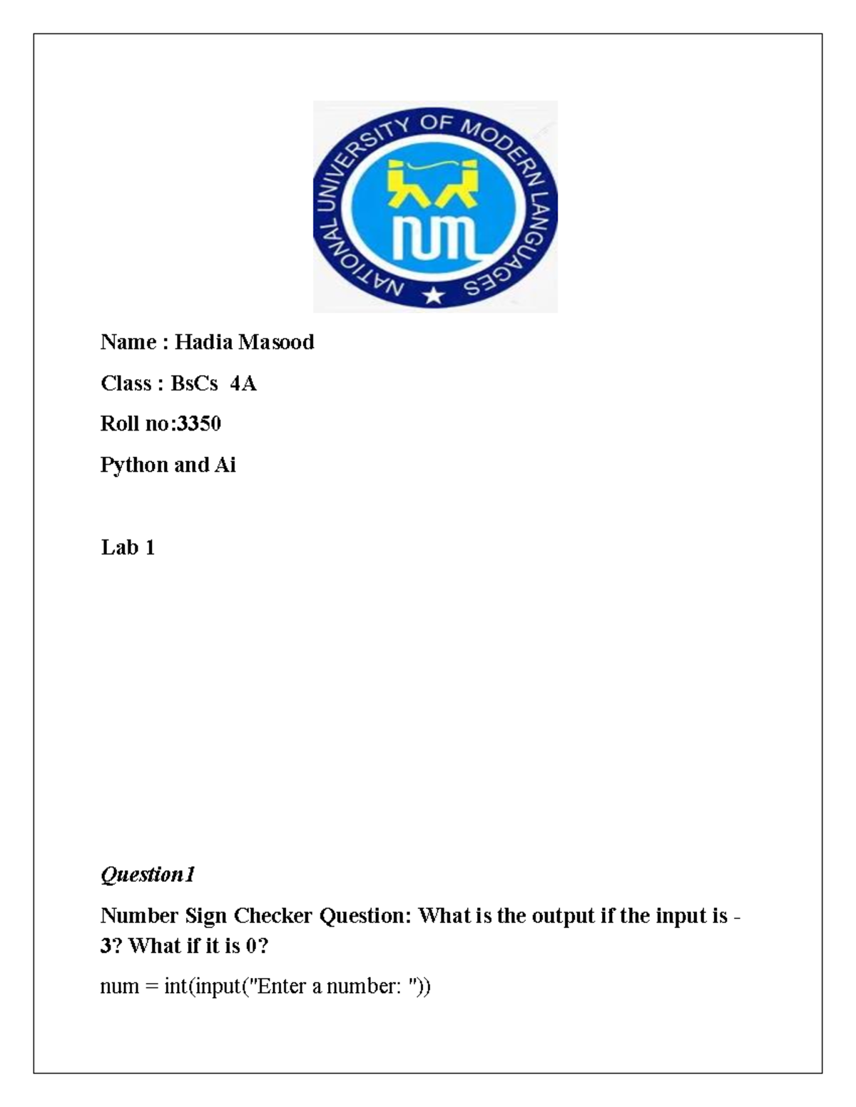 Python & AI Lab 1: Number Sign Checker & Ticket Price - Studocu